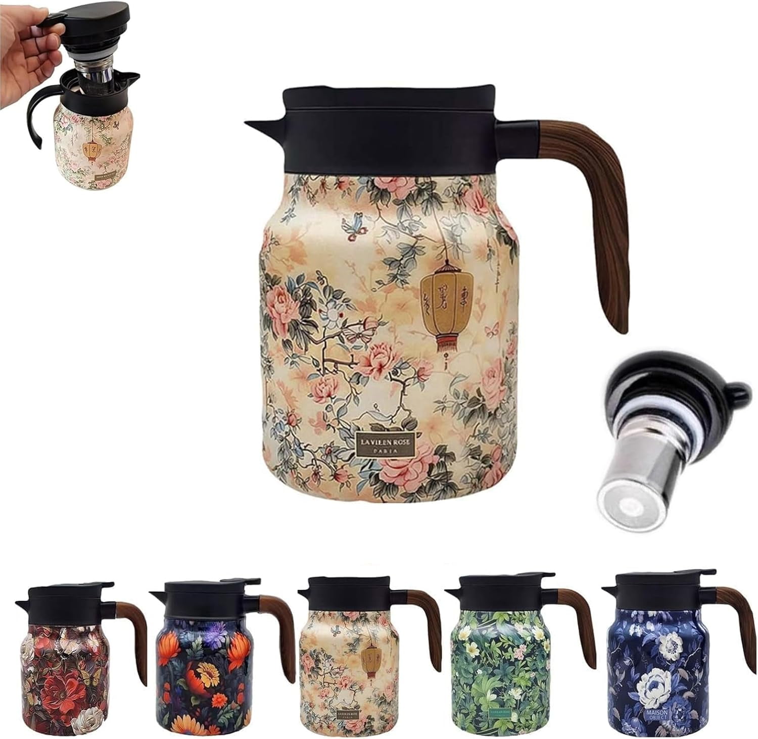 Illuminate Tea Thermos,Insulated Tea Pot with Infuser,Vintage Floral ...