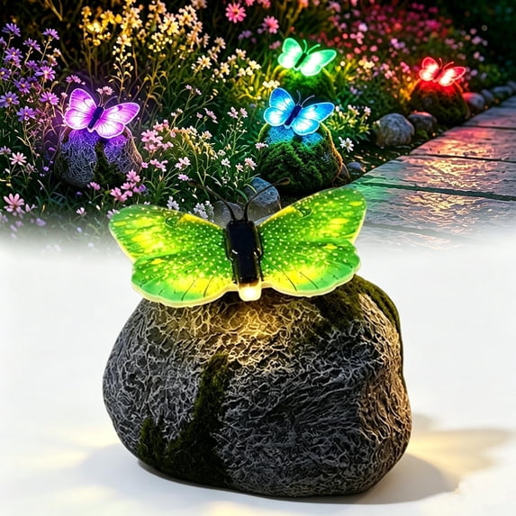 Illuminated Butterfly Stone Garden Light, Solar LED Powered Outdoor ...