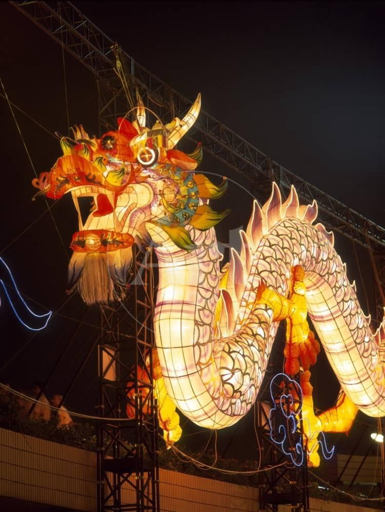 Illuminated Chinese Dragon on New Years Eve, Hong Kong, China, Unframed ...