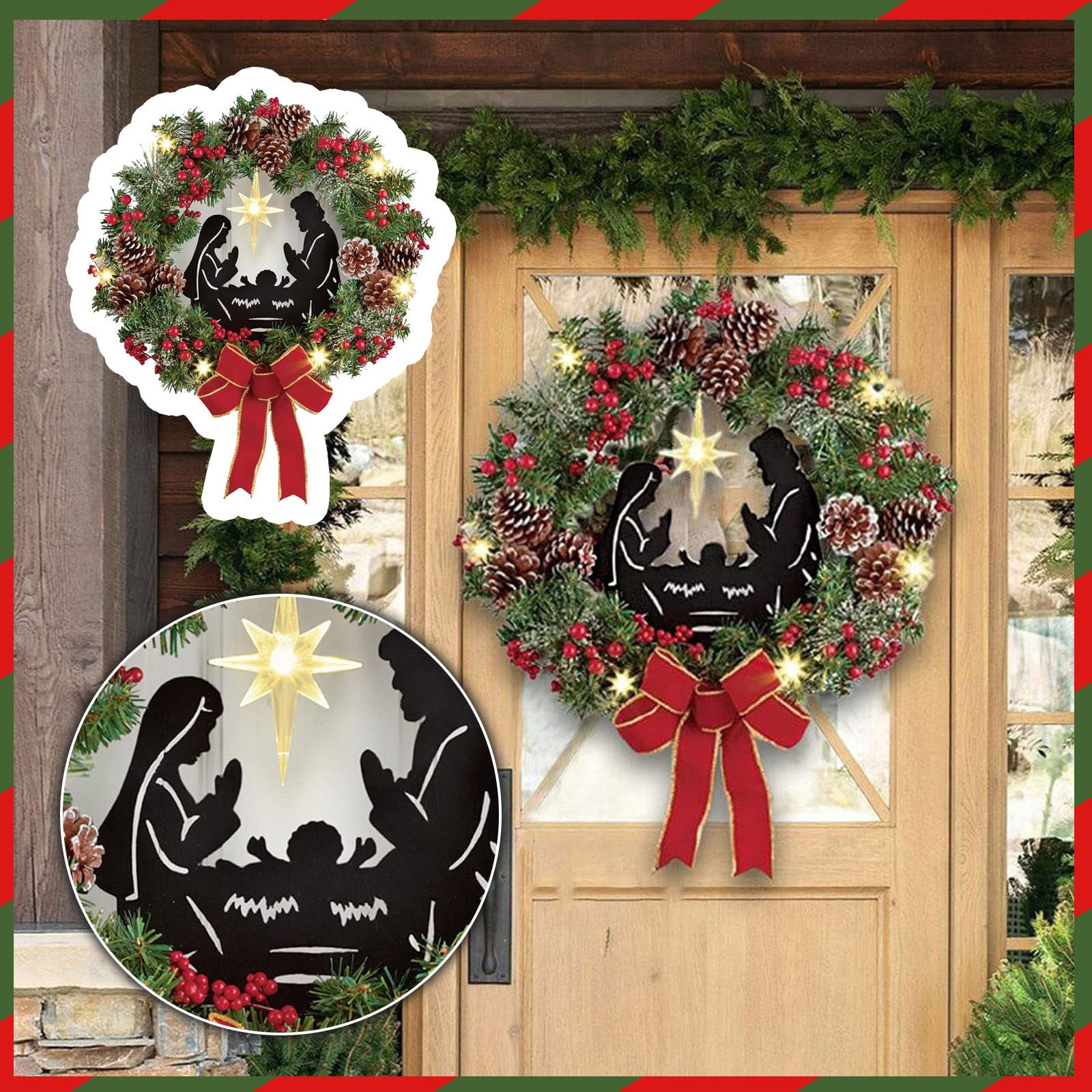 Illuminated Holiday Mary Wreath Decoration For Front Door Farmhouse ...