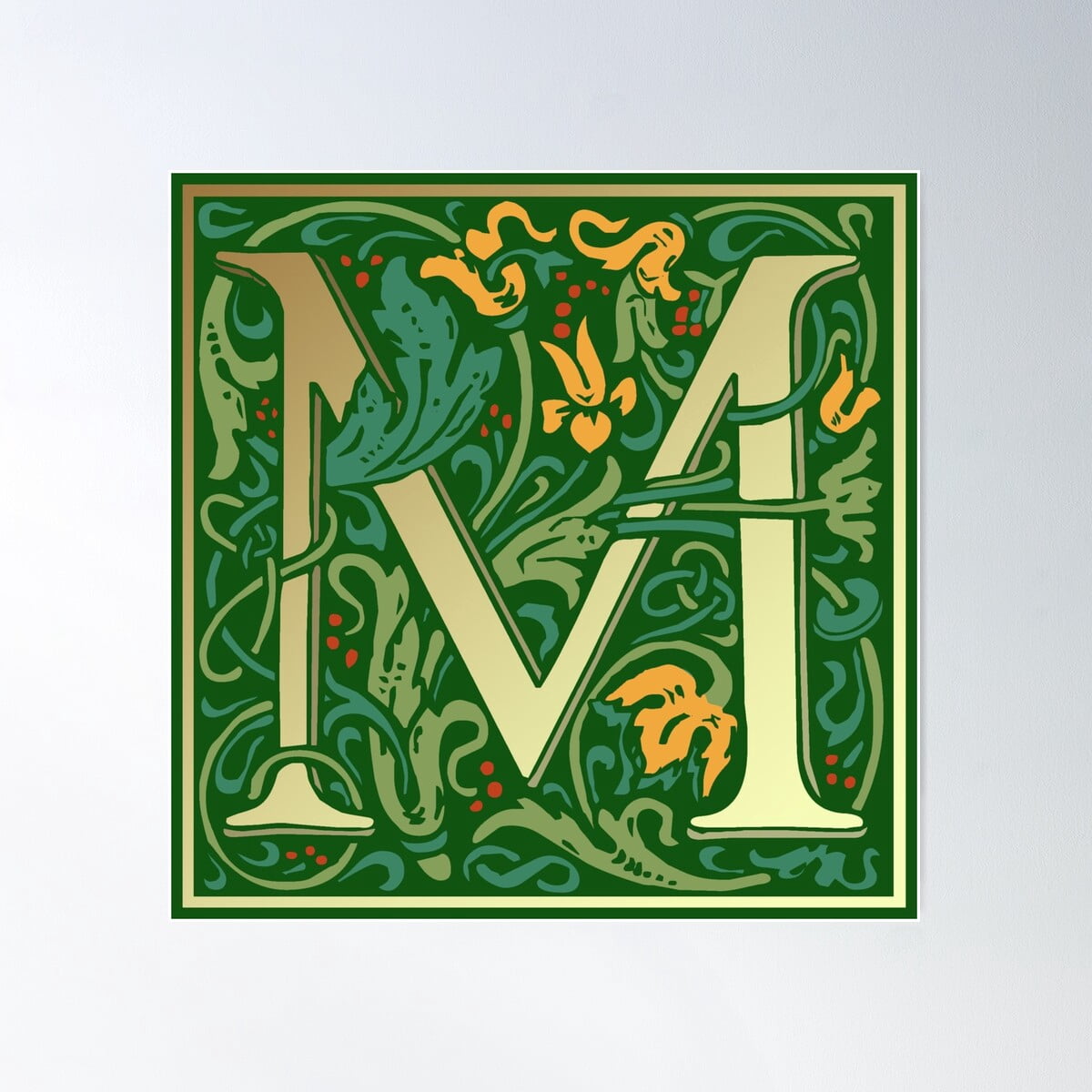Illuminated Lettering William Morris Green Letter M Poster Wall Art ...