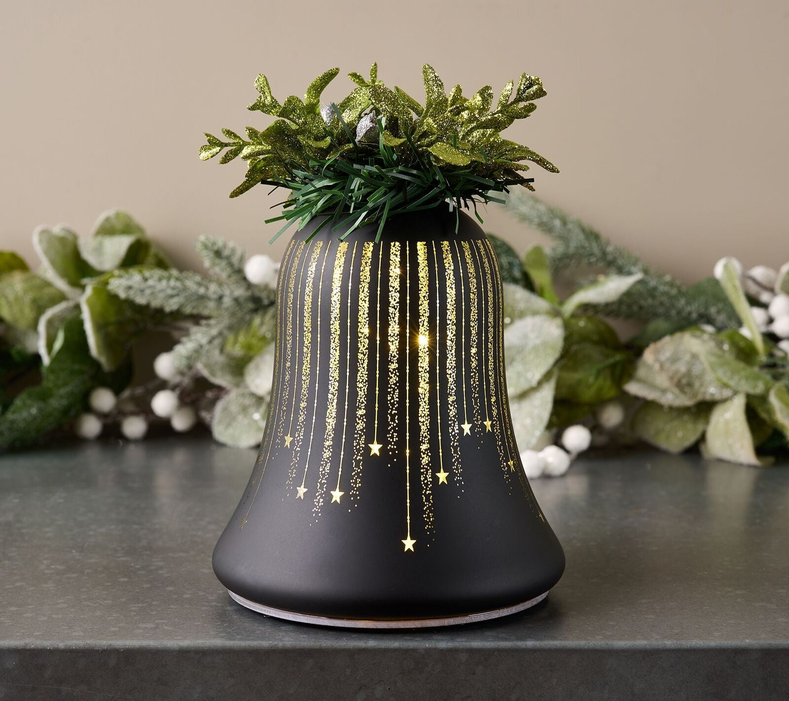 Illuminated Starry Night Bell w/ Leaves and Berries by Valerie in Black ...