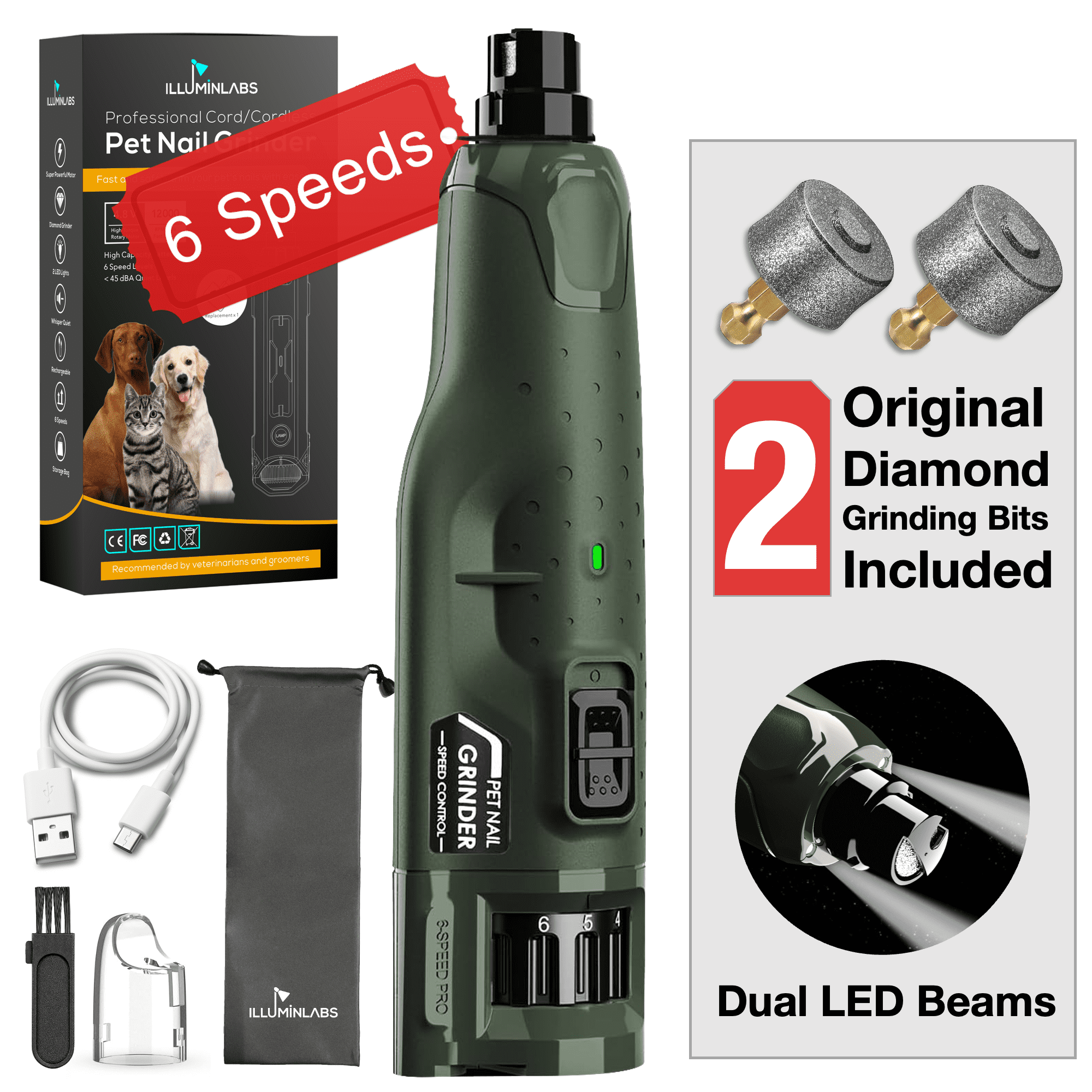 6-Speed Dog Nail Grinder with 2 LED Light for Large Medium Dogs - 3X ...