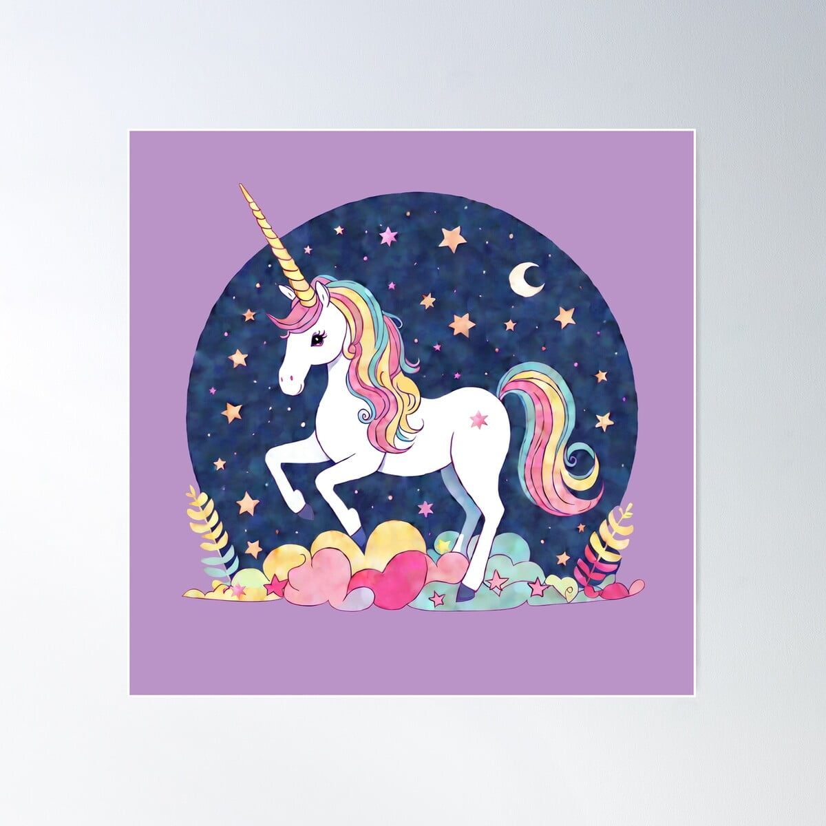 Illustrated Design Of A Cute Happy Unicorn With Rainbow Hair, Dancing In Flowers, With Stars And ...