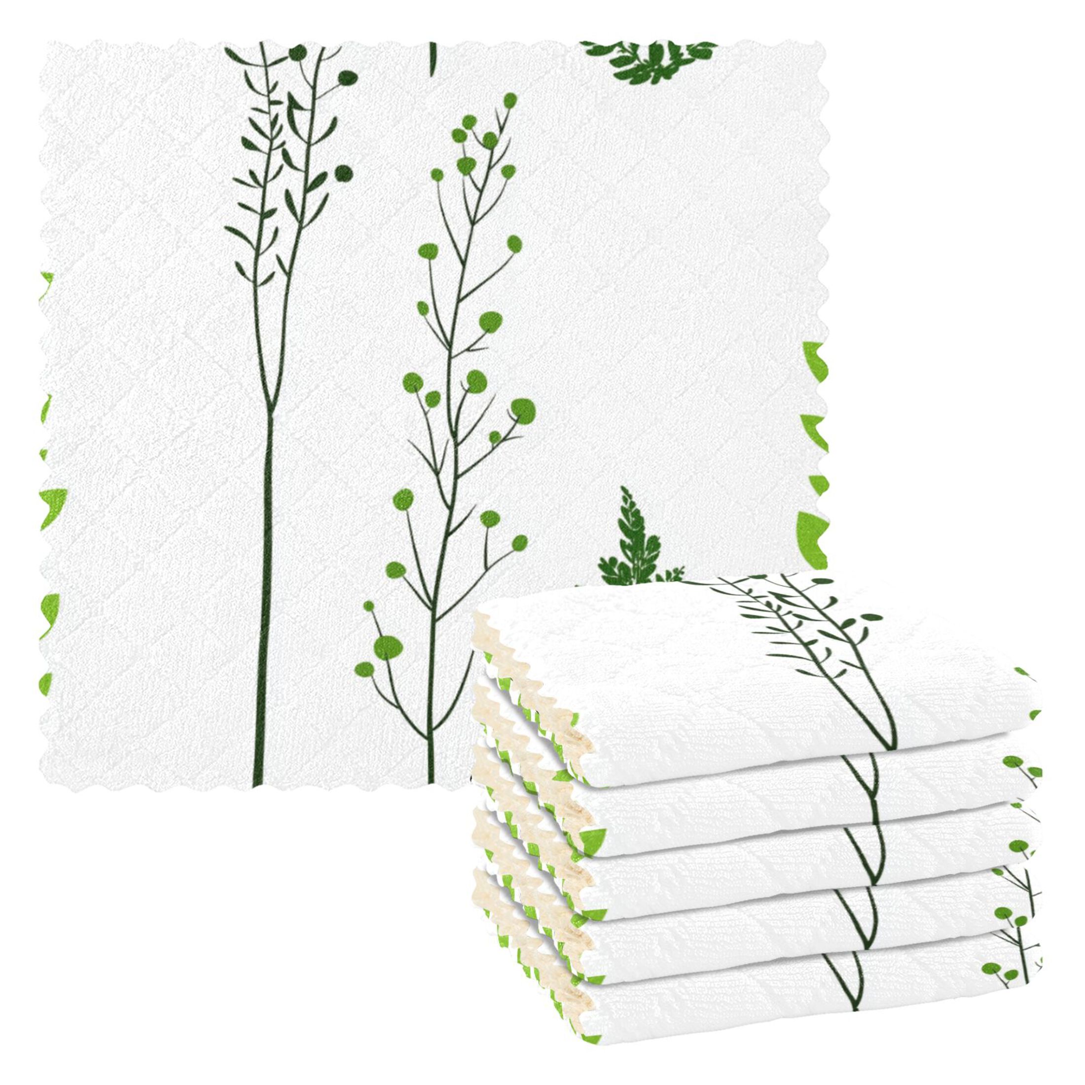 Illustrated Green Plant Patterns 6 Pack Kitchen Cleaning Cloths 11'' x ...