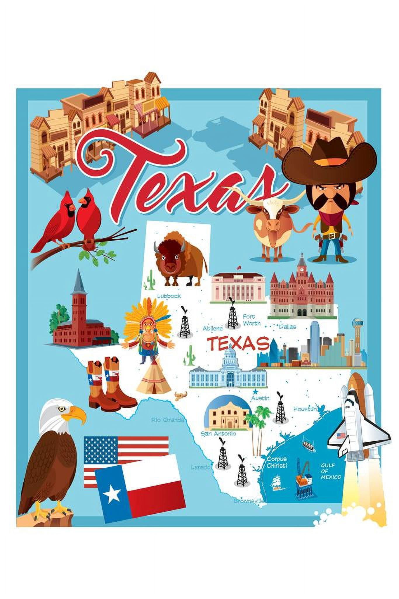 Illustrated Map of TEXAS Cool Wall Art Print Poster 16x24 - Walmart.com