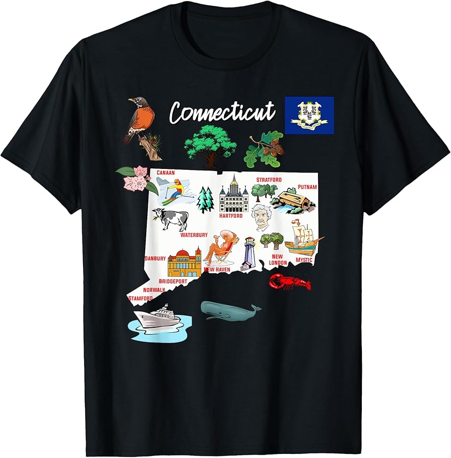 Illustrated map of Connecticut in the USA, cities T-Shirt - Walmart.com