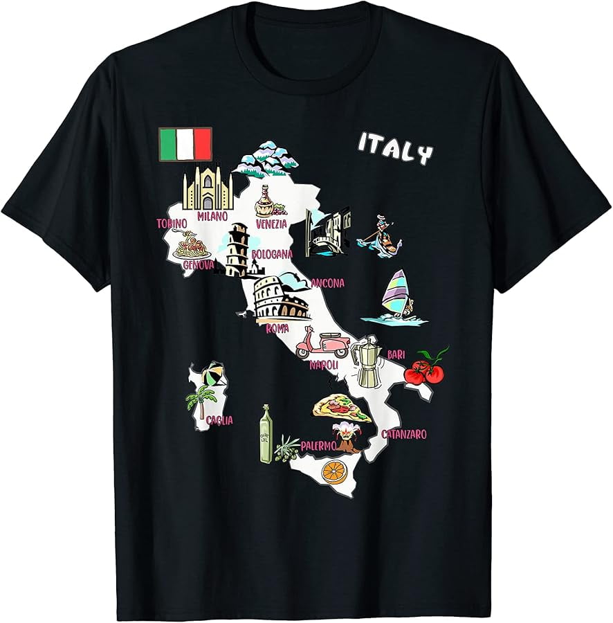 Illustrated map of Italy, flag, landmarks, the major cities T-Shirt ...