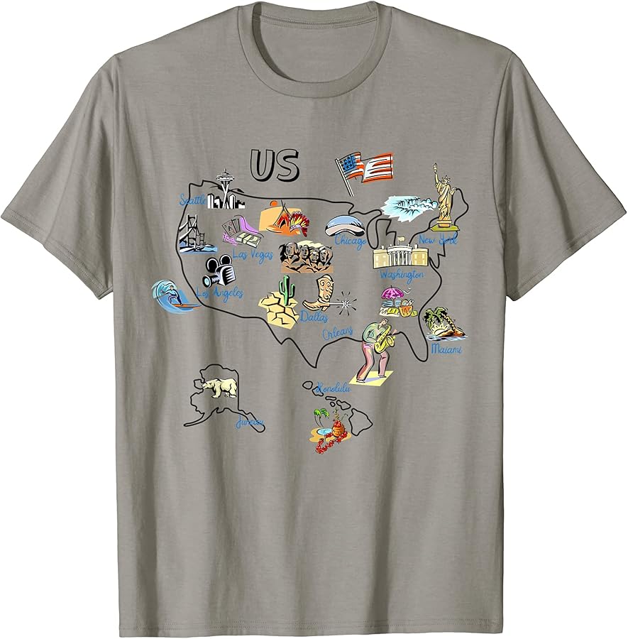 Illustrated map of USA, attractions, landmarks, major cities T-Shirt ...
