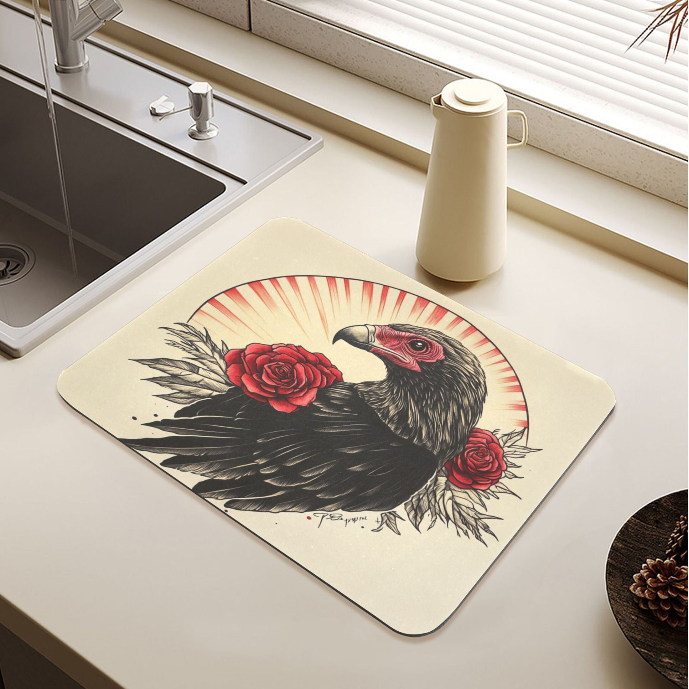 Illustration Of A Vulture with Red Roses on Its Back Drying Mat ...