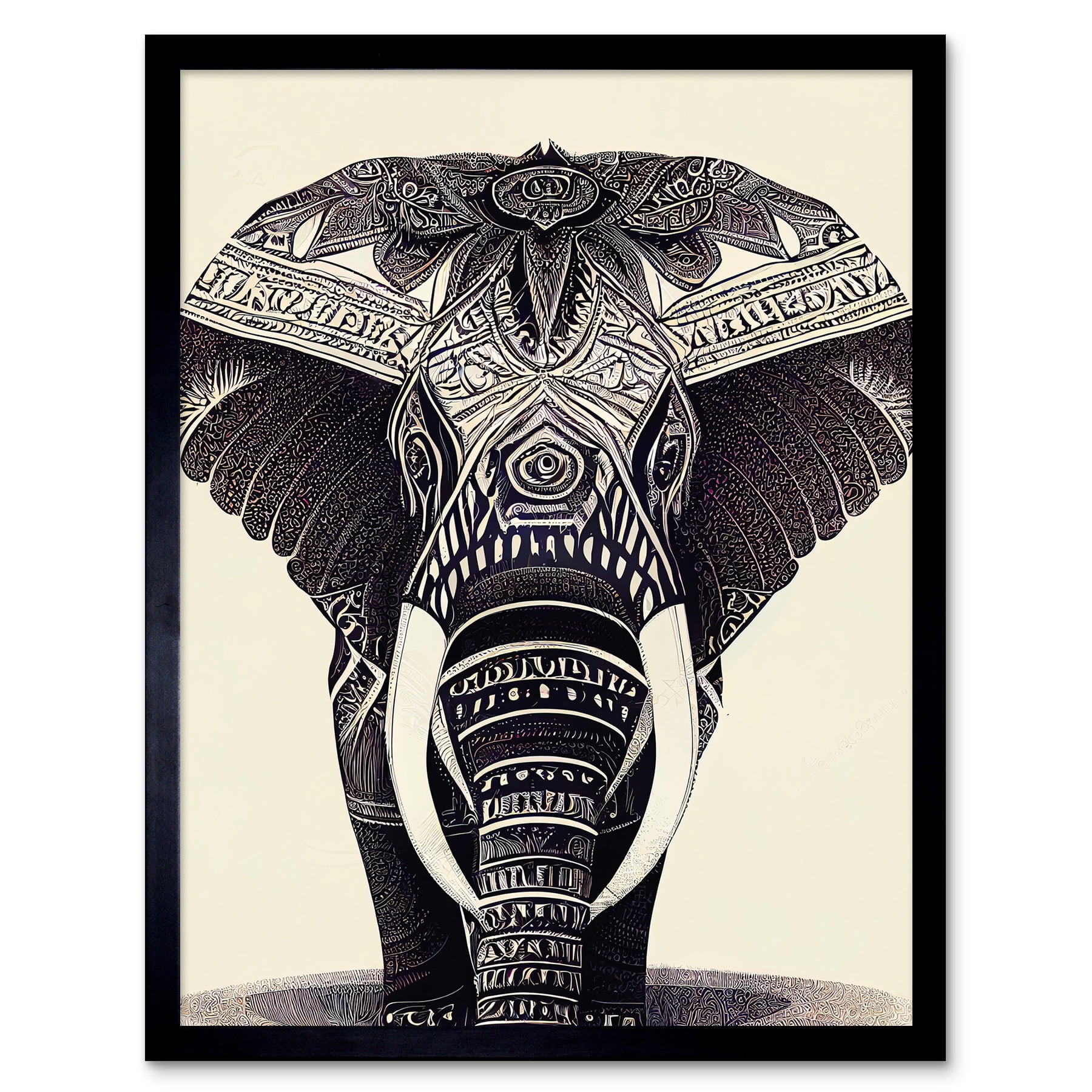 Illustration Of Elephant With Tribal Patterns Black And White Art Print ...