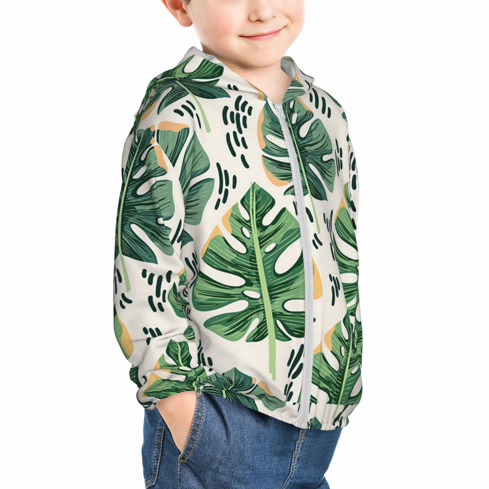Illustration Of Tropical Jungle Leaves Kids Zip-Up Hoodie Girls Boys Sun Protection Jacket ...