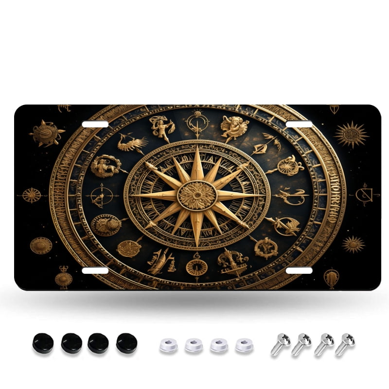 Illustration of The Zodiac Signs on Ancient Compass License Plate Frame ...