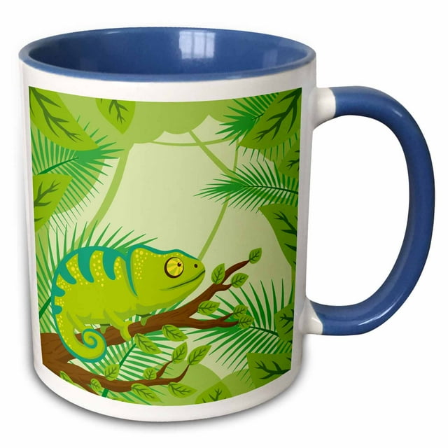 Illustration of a Cute and Green Chameleon Sitting a Tree 15oz Two-Tone ...