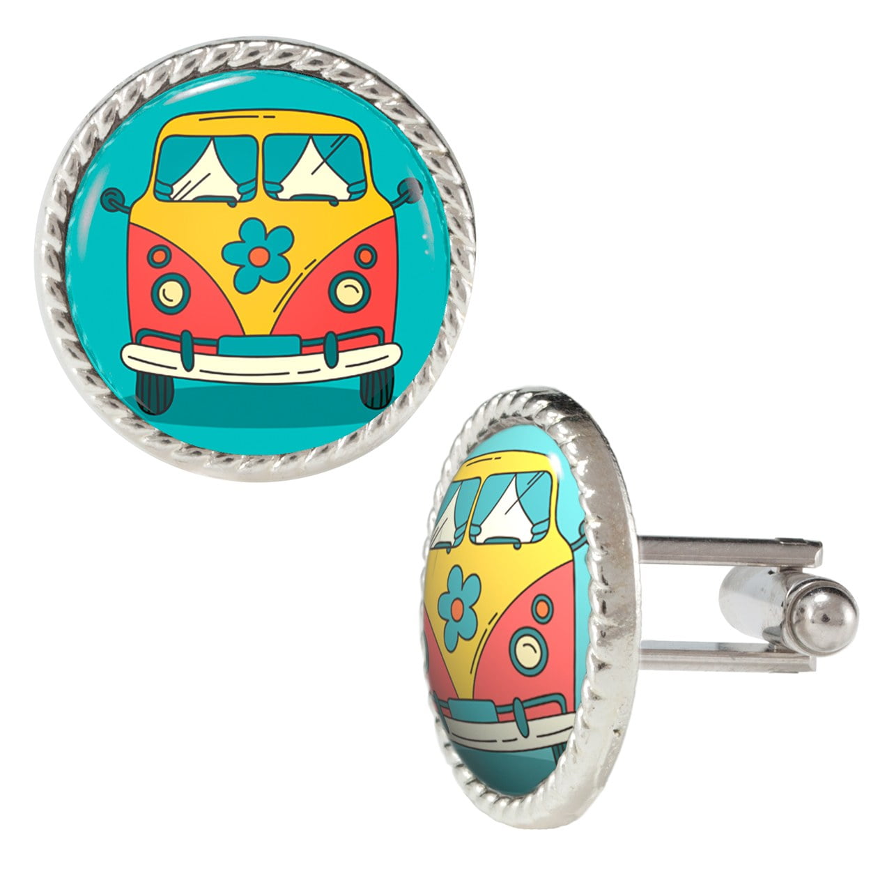 Illustration of a Vintage Hippie Bus on Blue with Flower Cufflinks ...
