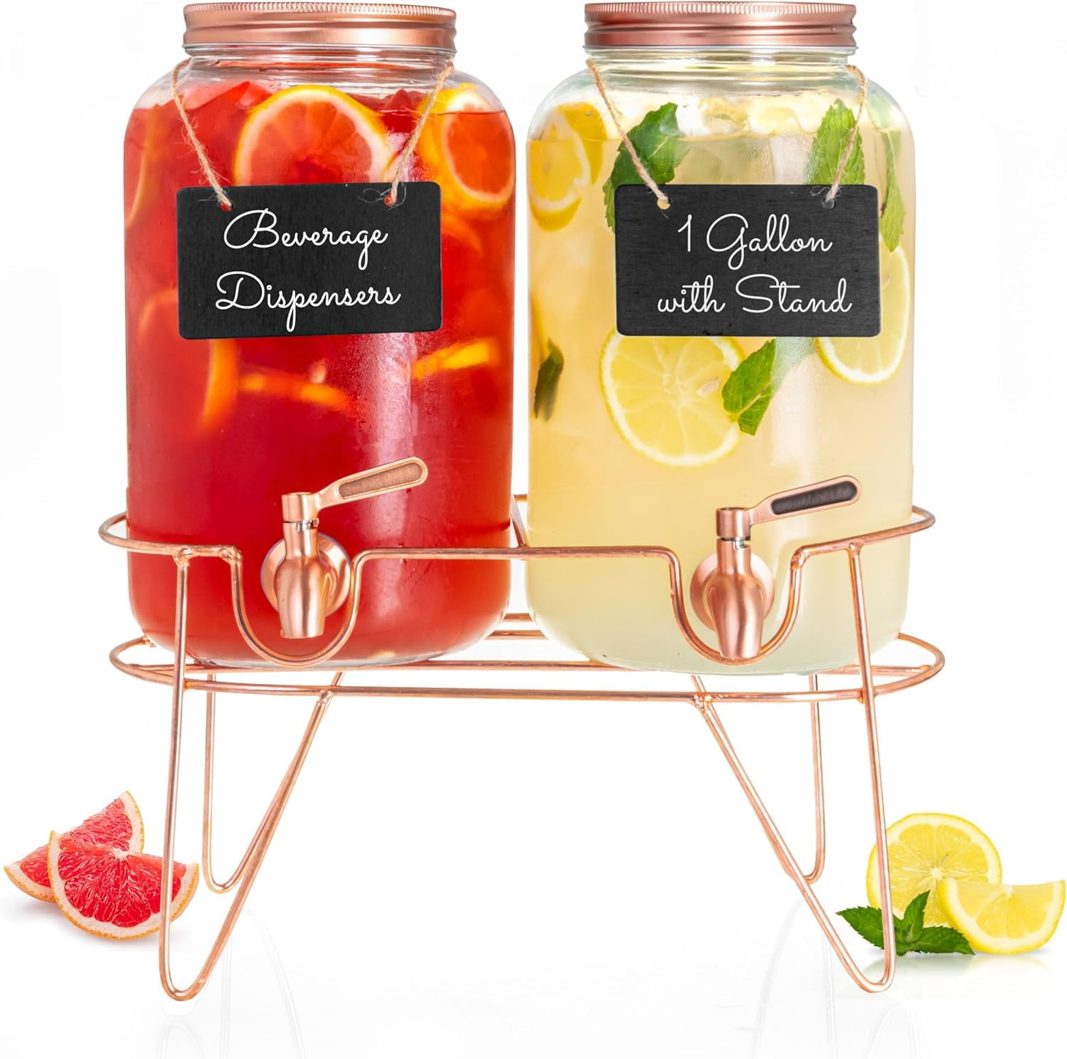 Ilyapa Rose Gold Double Glass Beverage Dispenser with Stand - 1 Gallon ...