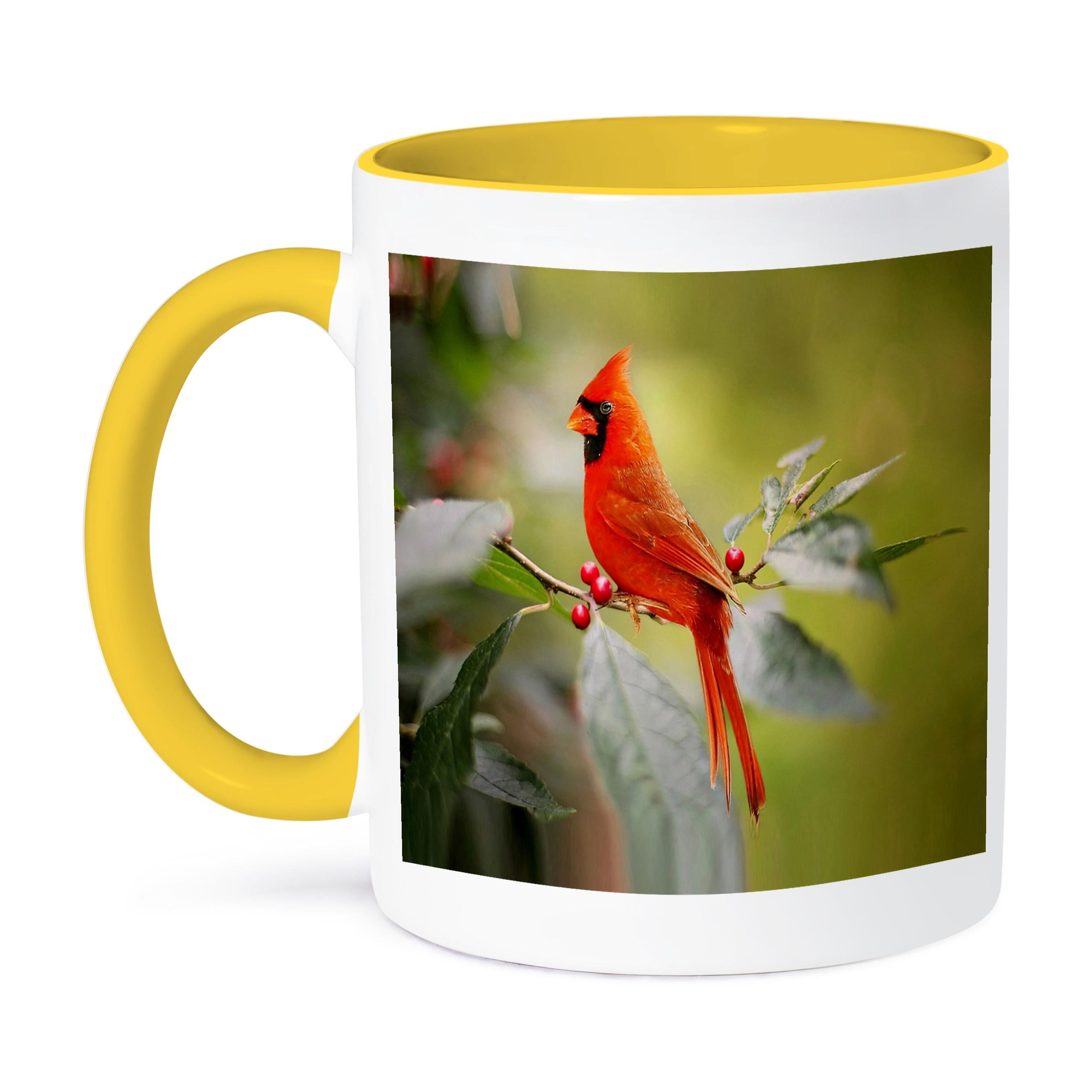 Image Of Bright Red Cardinal Poses On Branch, 15oz Two-Tone Yellow Mug ...
