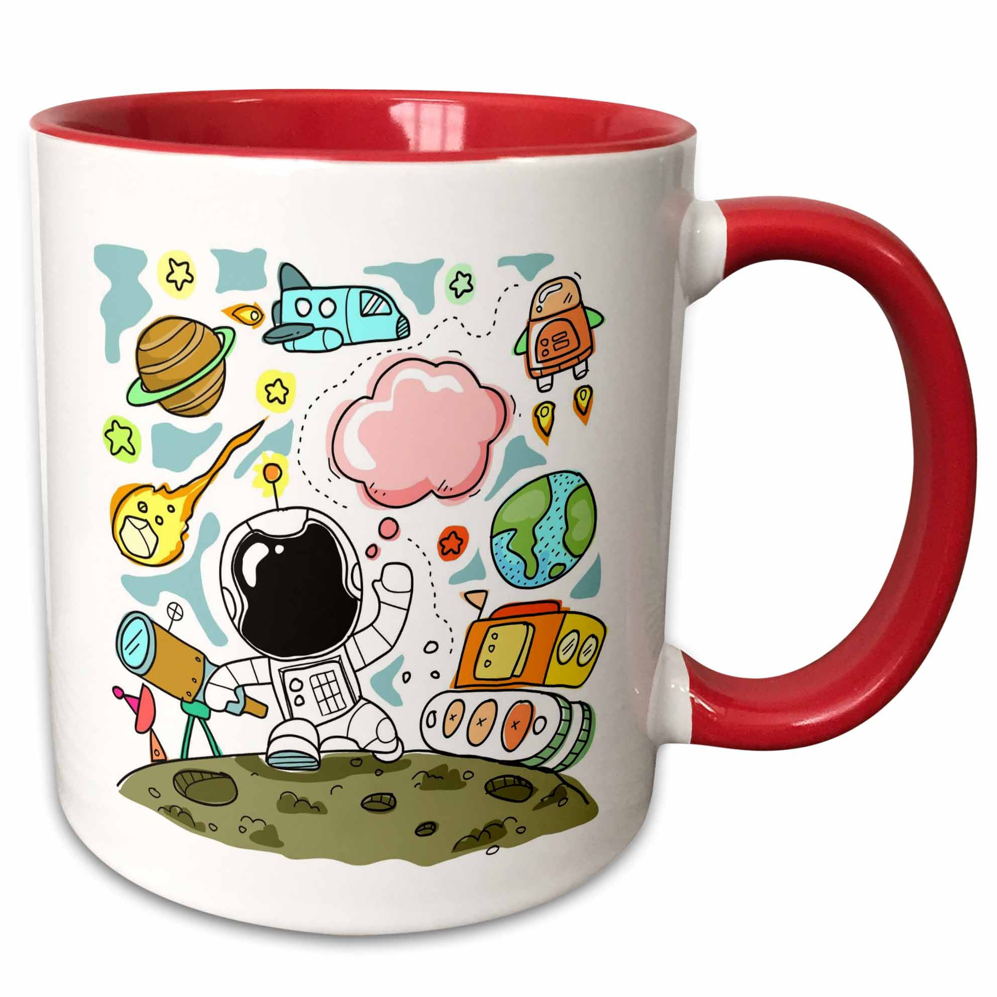3drose, Image of Cartoon Objects in Space, 11oz Two-tone Red Mug ...