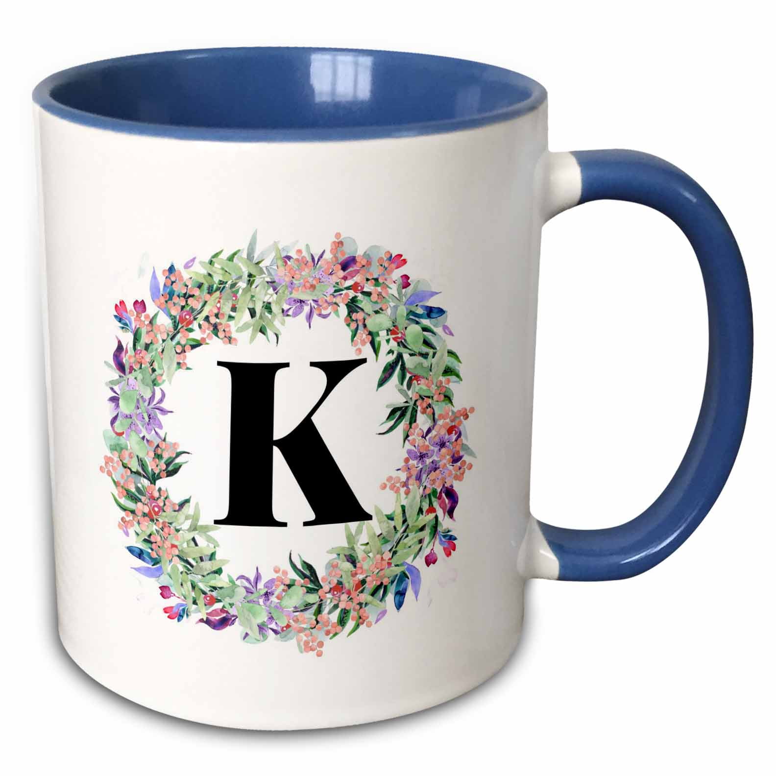 3drose, Image of Flowery Circle Monogram K, 11oz Two-tone Blue Mug ...