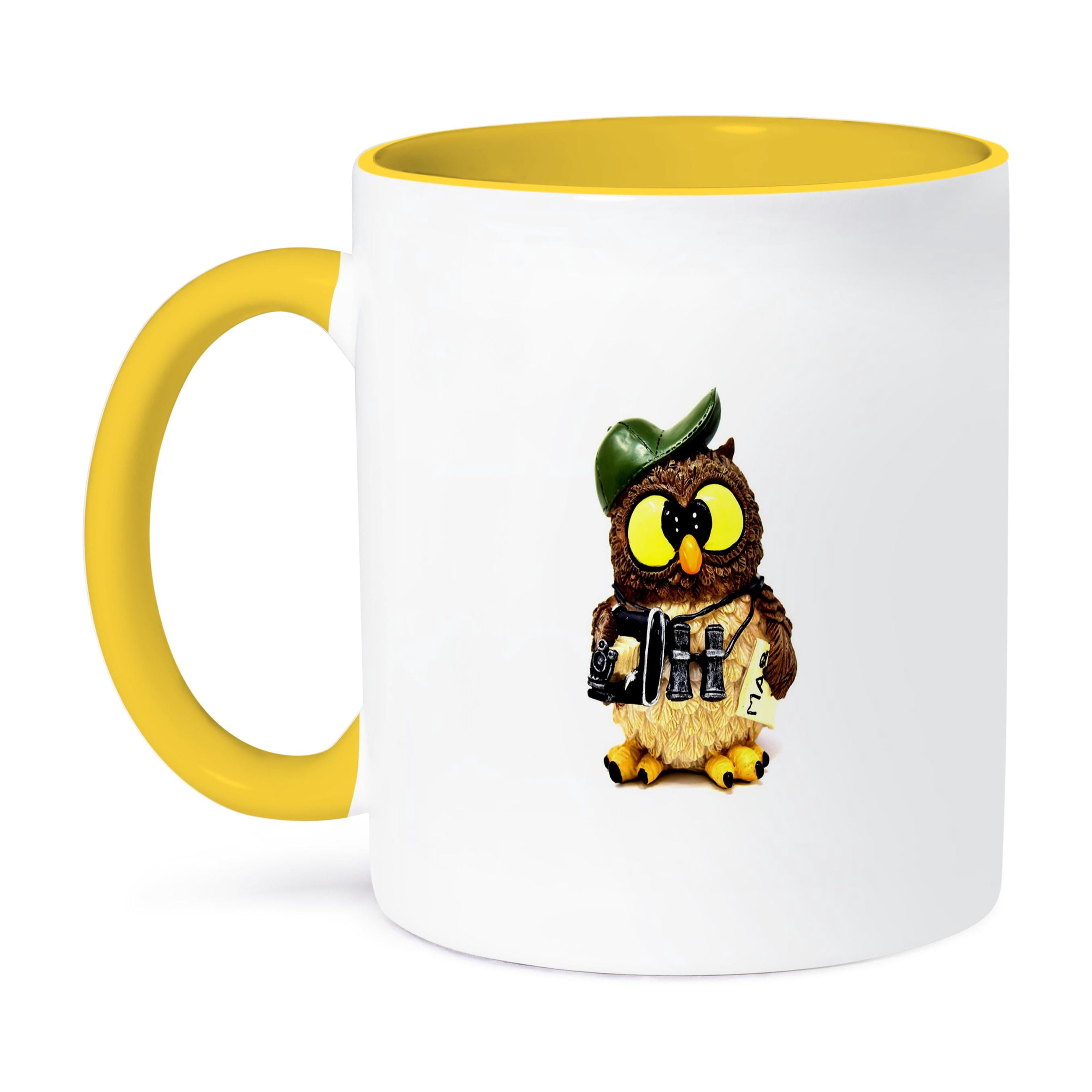Image Of Humorous Cartoon Owl With Map And Binoculars, 11oz Two-Tone ...