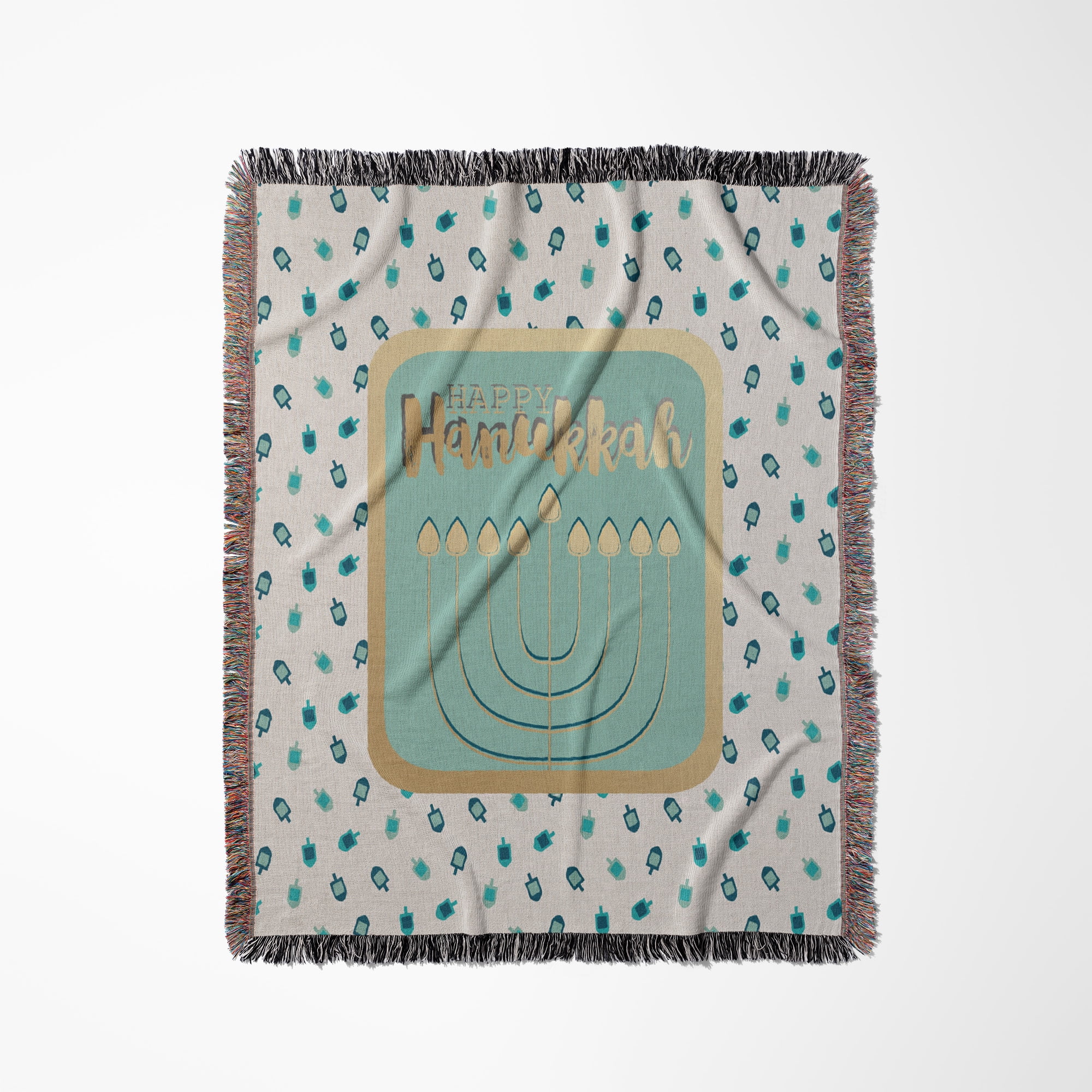 Image Of Menorah, Happy Hanukkah, Deidre Design, Aqua And Gold, Woven ...