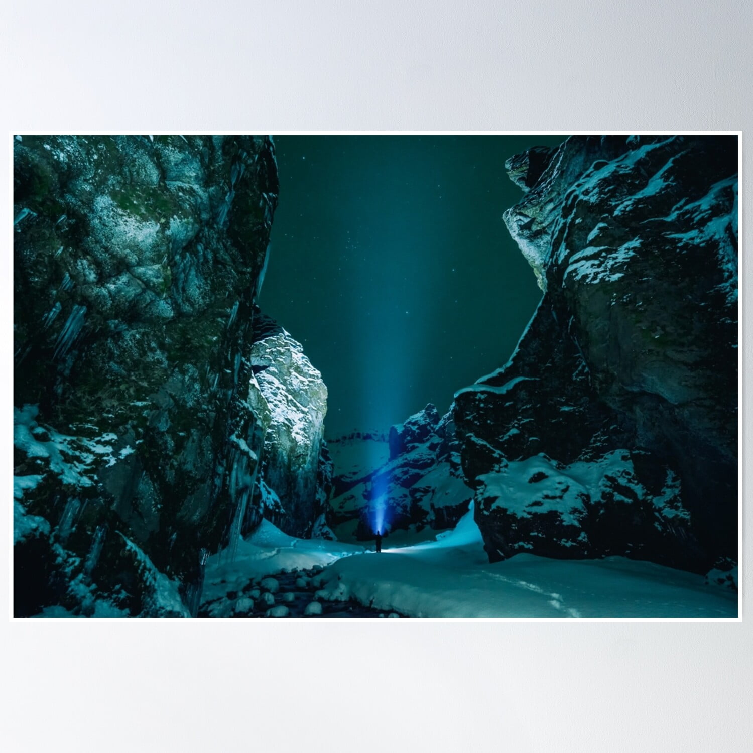 Image Of Mountains With Snow And Dark Sky With Laser Aiming Upwards ...