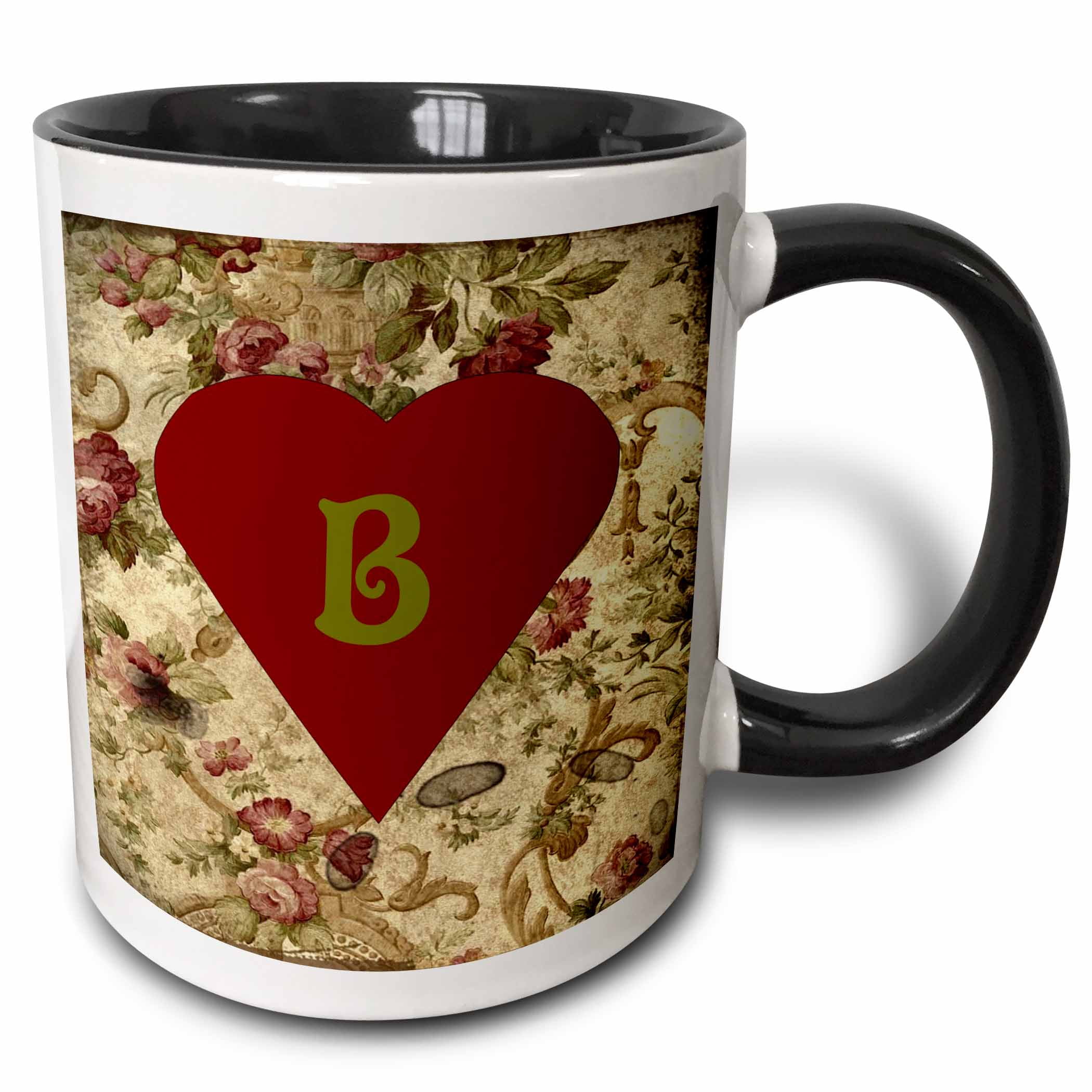 3drose, Image of Olive Script B on Olive Maroon Brocade with Heart ...