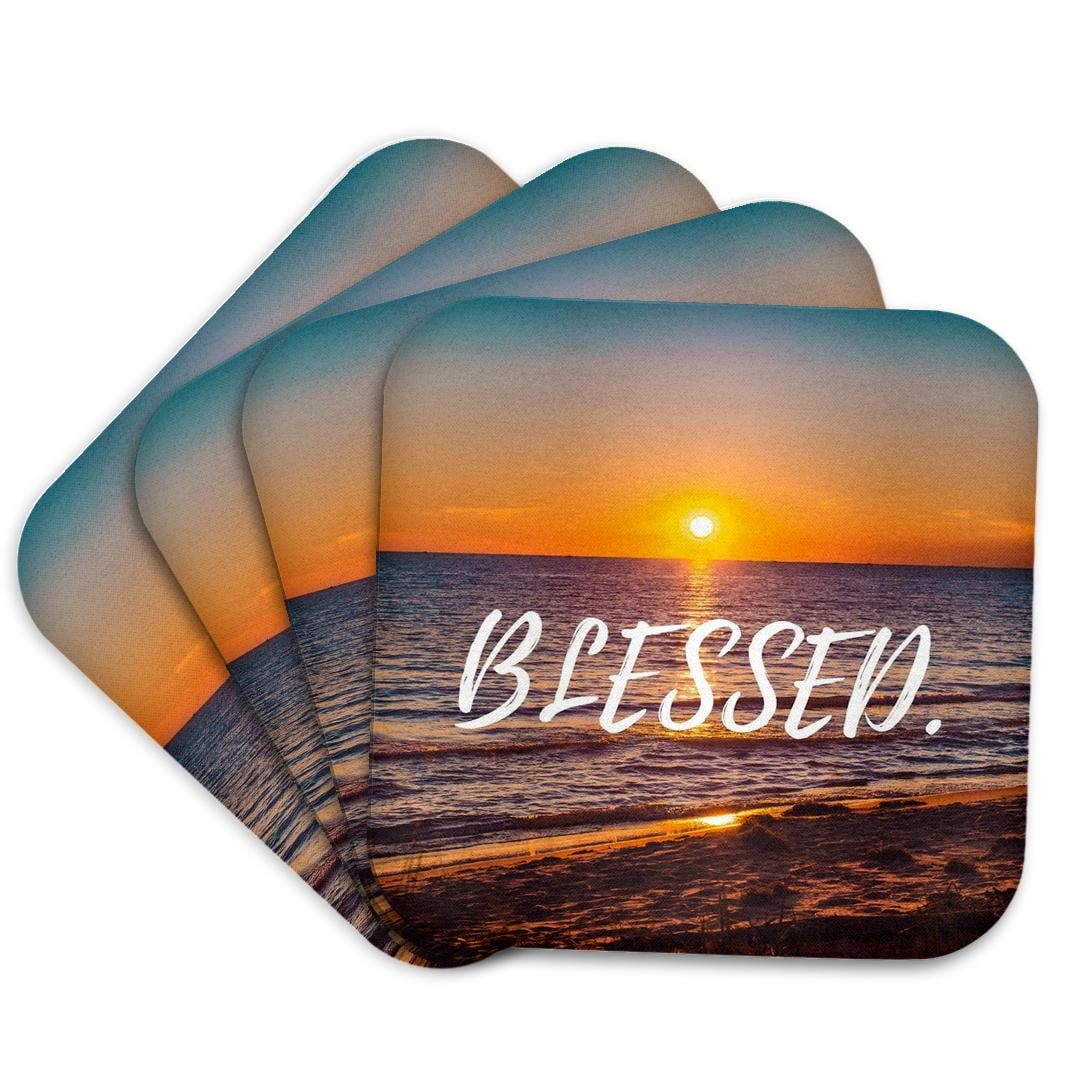 3drose, Image of Orange Sunset with the Word Blessed, Set of 4 Coasters ...