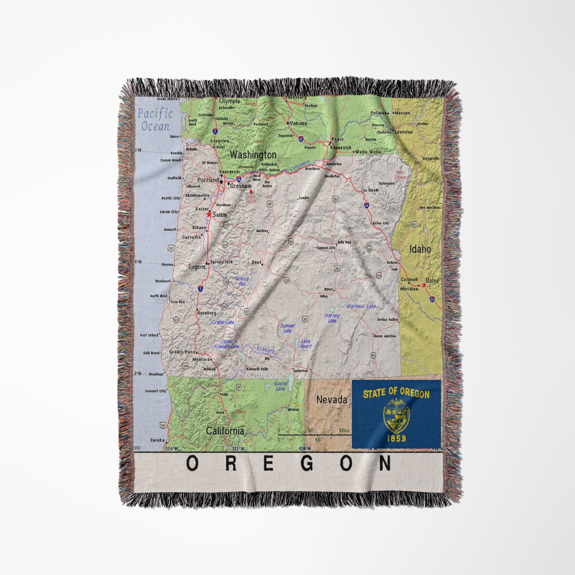 Image Of Oregon Topographic Map With State Flag, Woven Blanket ...