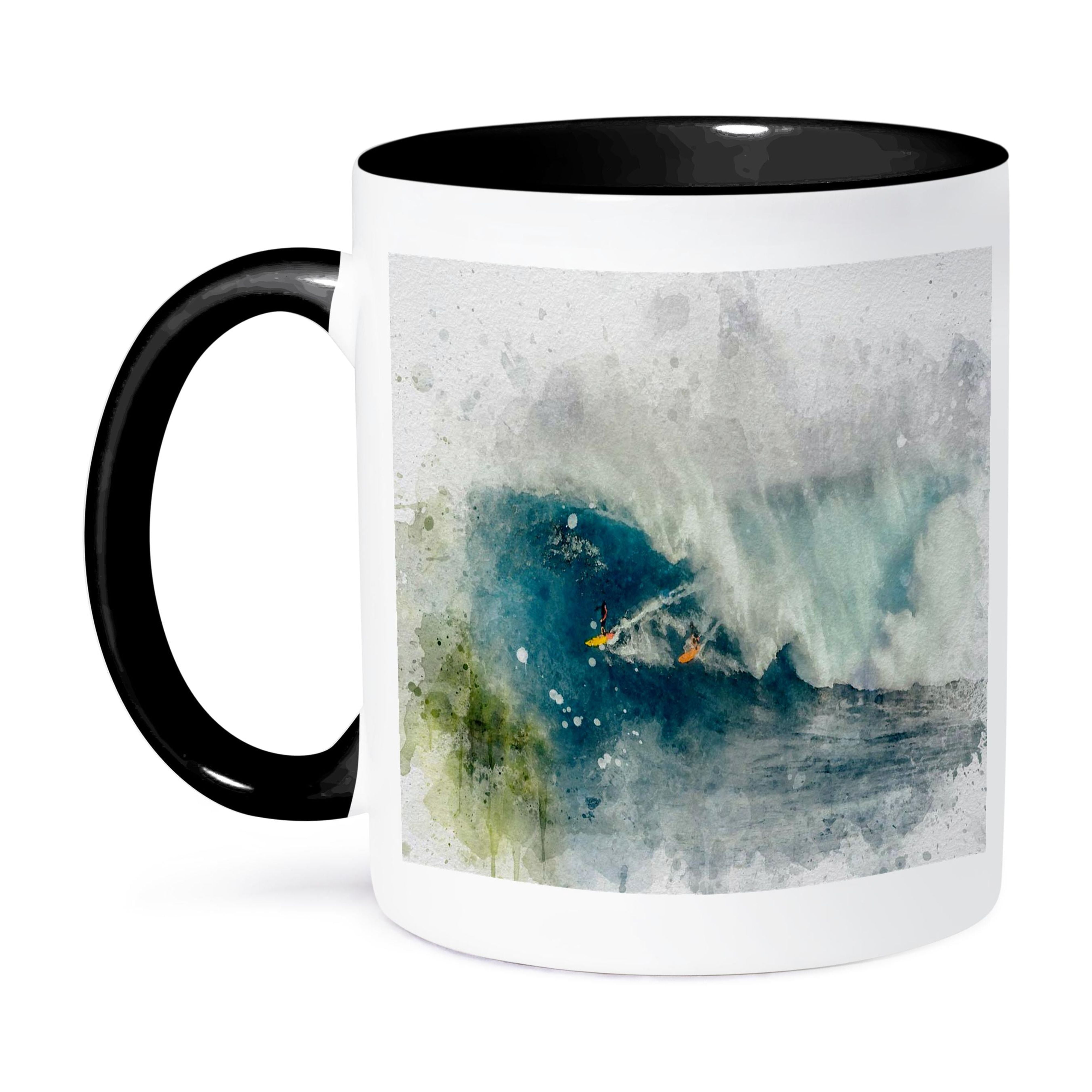 3drose, Image of Watercolor of Two Surfers Surfing a Big Wave Art, 11oz ...