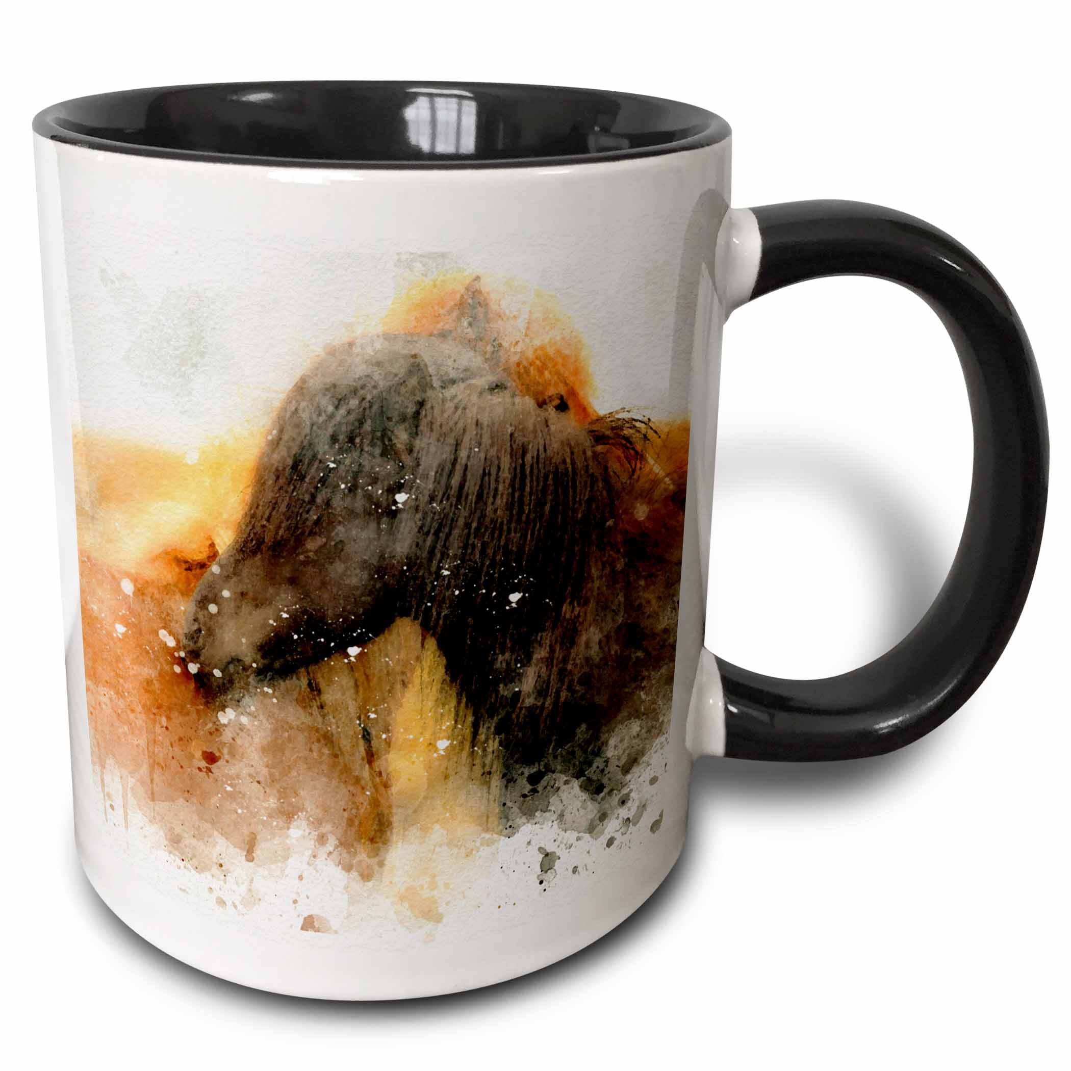 3drose, Image of Watercolor Shaggy Horse Art, 15oz Two-tone Black Mug ...