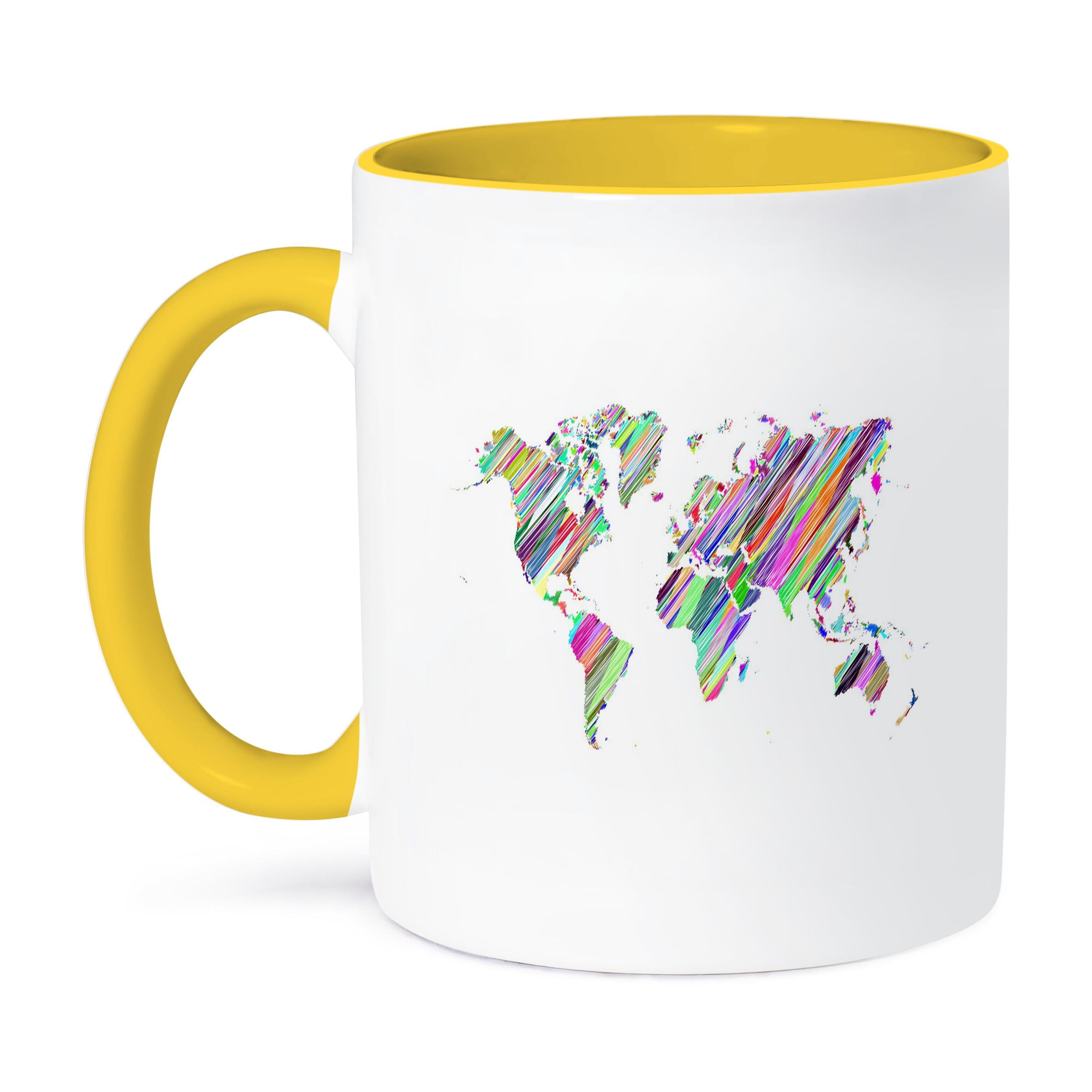 Image Of World Map In Slanted Metallic Colors, 15oz Two-Tone Yellow Mug ...