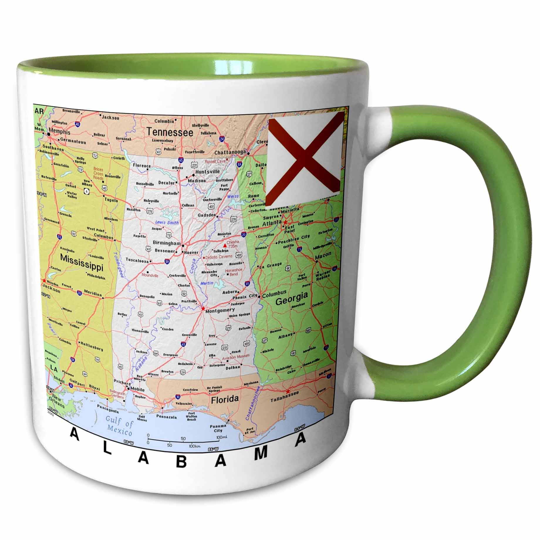 Image of Alabama Topographic Map With State Flag 15oz Two-Tone Green ...