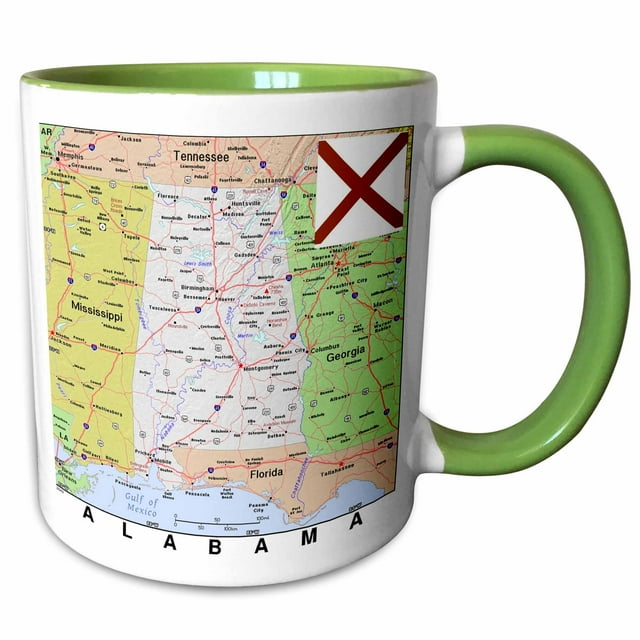 Image of Alabama Topographic Map With State Flag 15oz Two-Tone Green ...