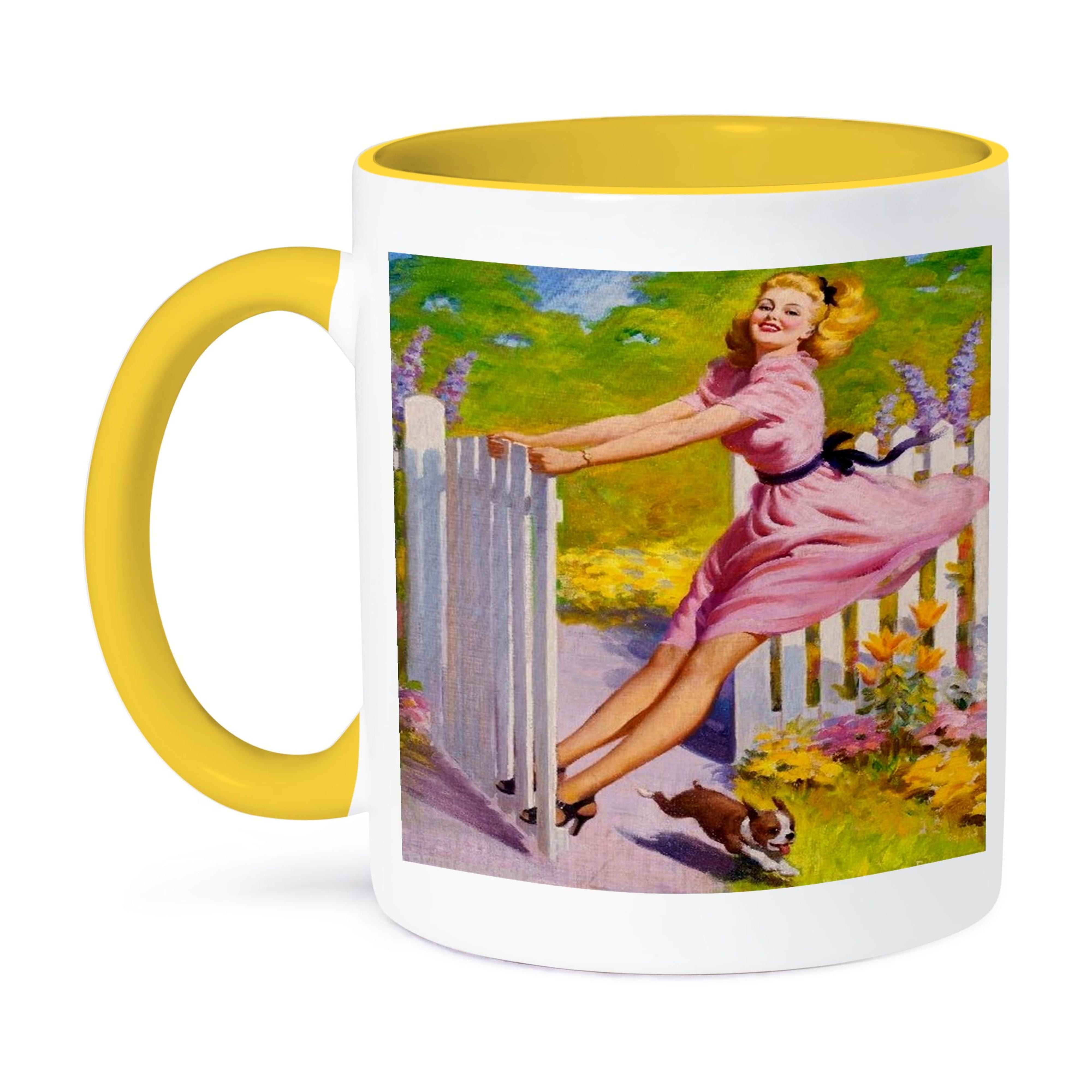 3dRose, Image of Elvgren Pinup On Garden Gate With Puppy, 11oz Two-Tone ...