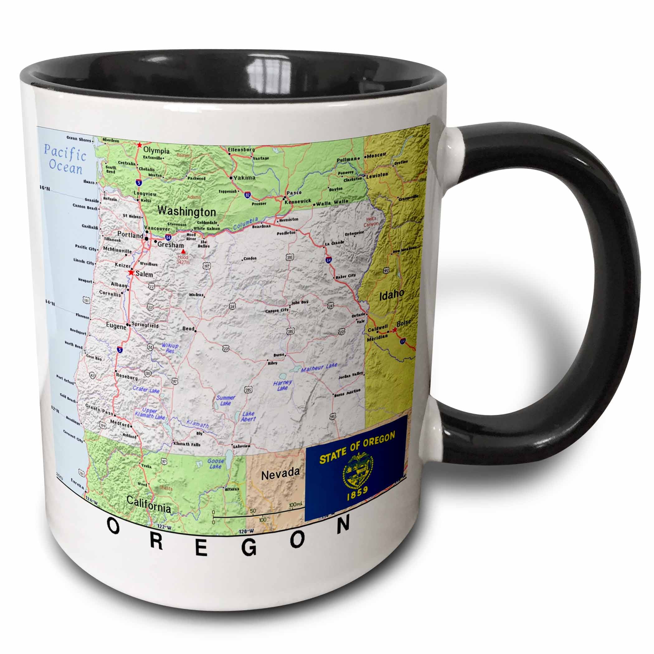 Image of Oregon Topographic Map With State Flag 15oz Two-Tone Black Mug ...