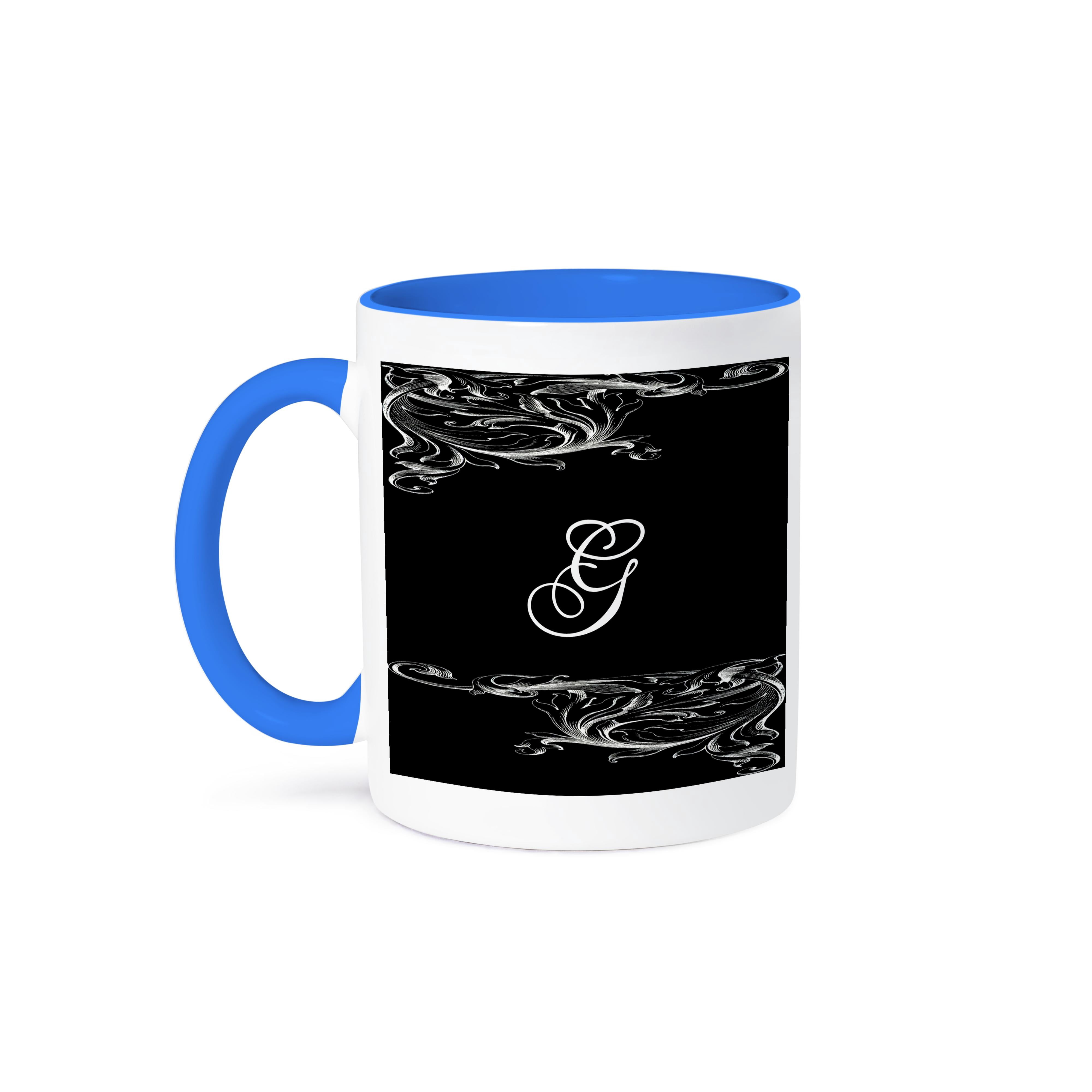 3dRose, Image of Scrolly Victorian Style Letter G, 11oz Two-Tone Blue ...