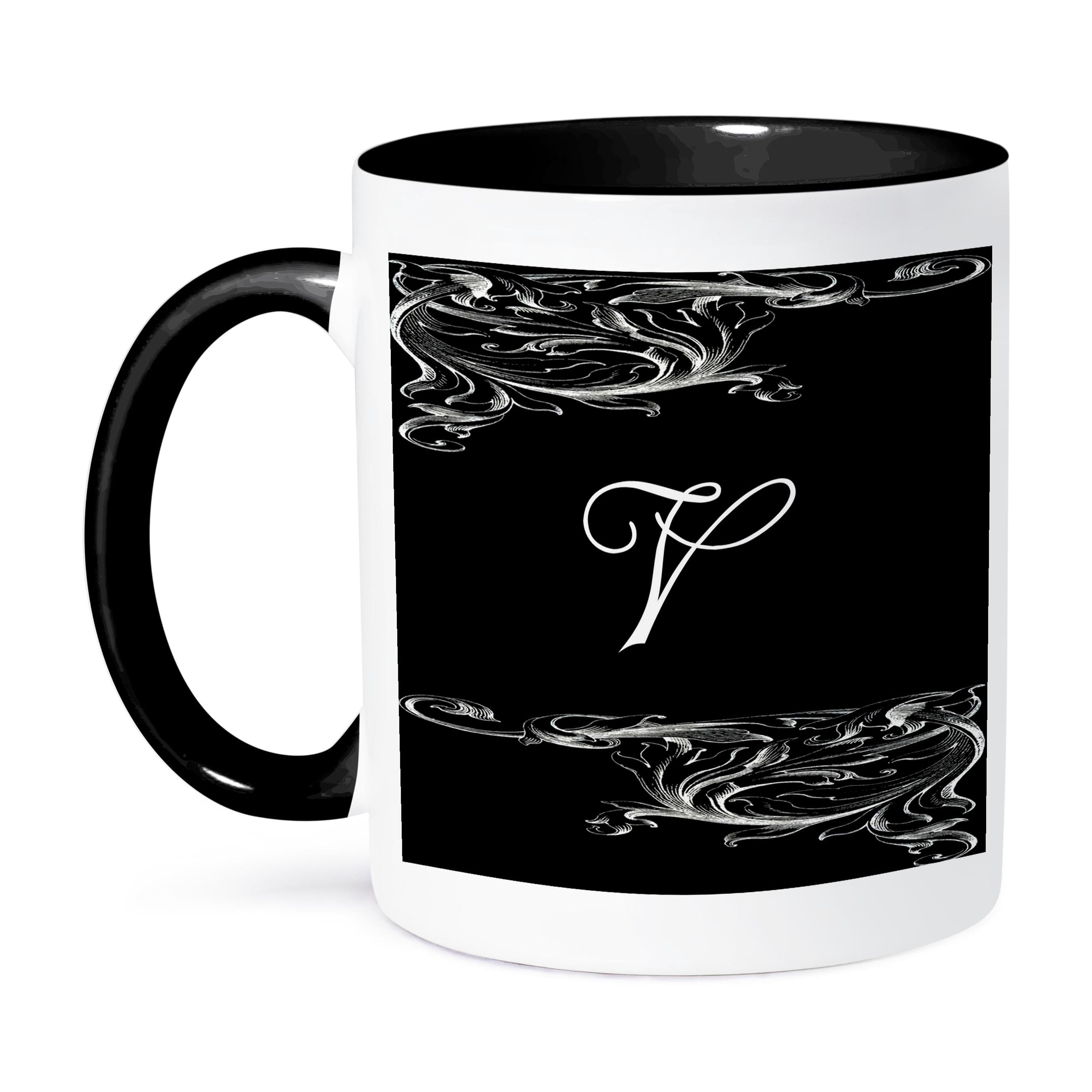 3dRose, Image of Scrolly Victorian Style Letter V, 11oz Two-Tone Black ...
