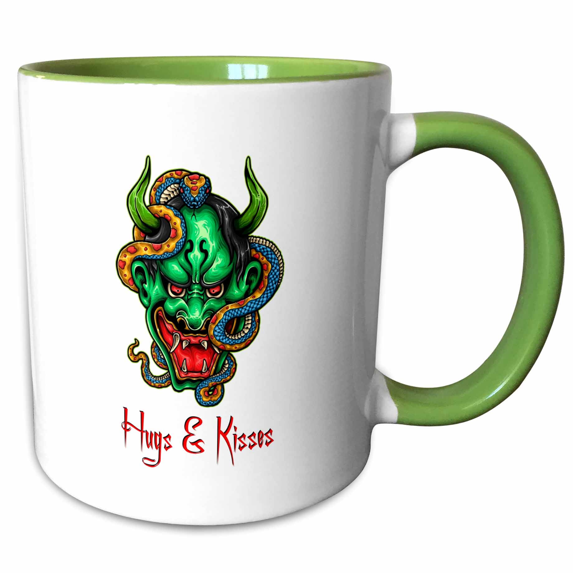 Image of a demon face of green color, a blue snake. Hugs and kisses ...