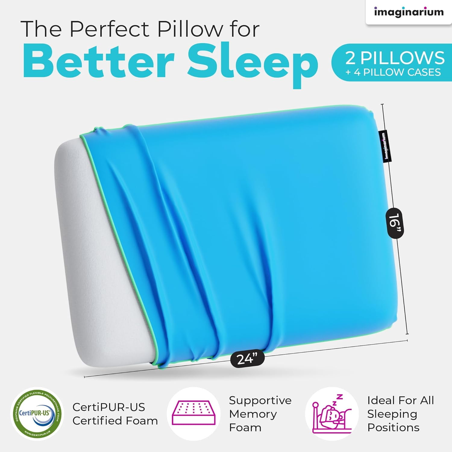 Imaginarium 2 Pack Memory Foam Pillows for Bed – 16" x 24" Standard ...