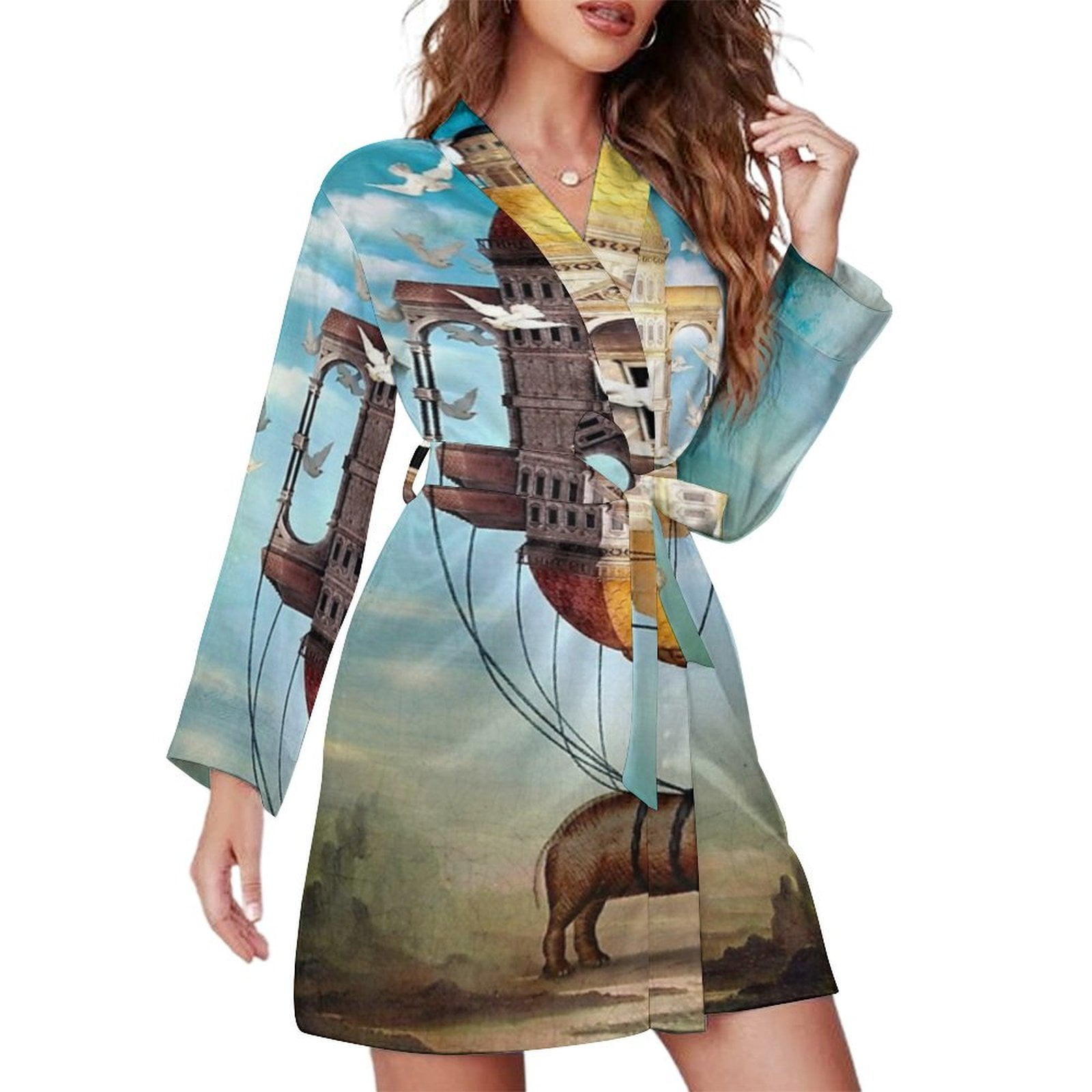Imaginary Traveler Night Robe Long Sleeve V Neck Robe With Belt Women's ...