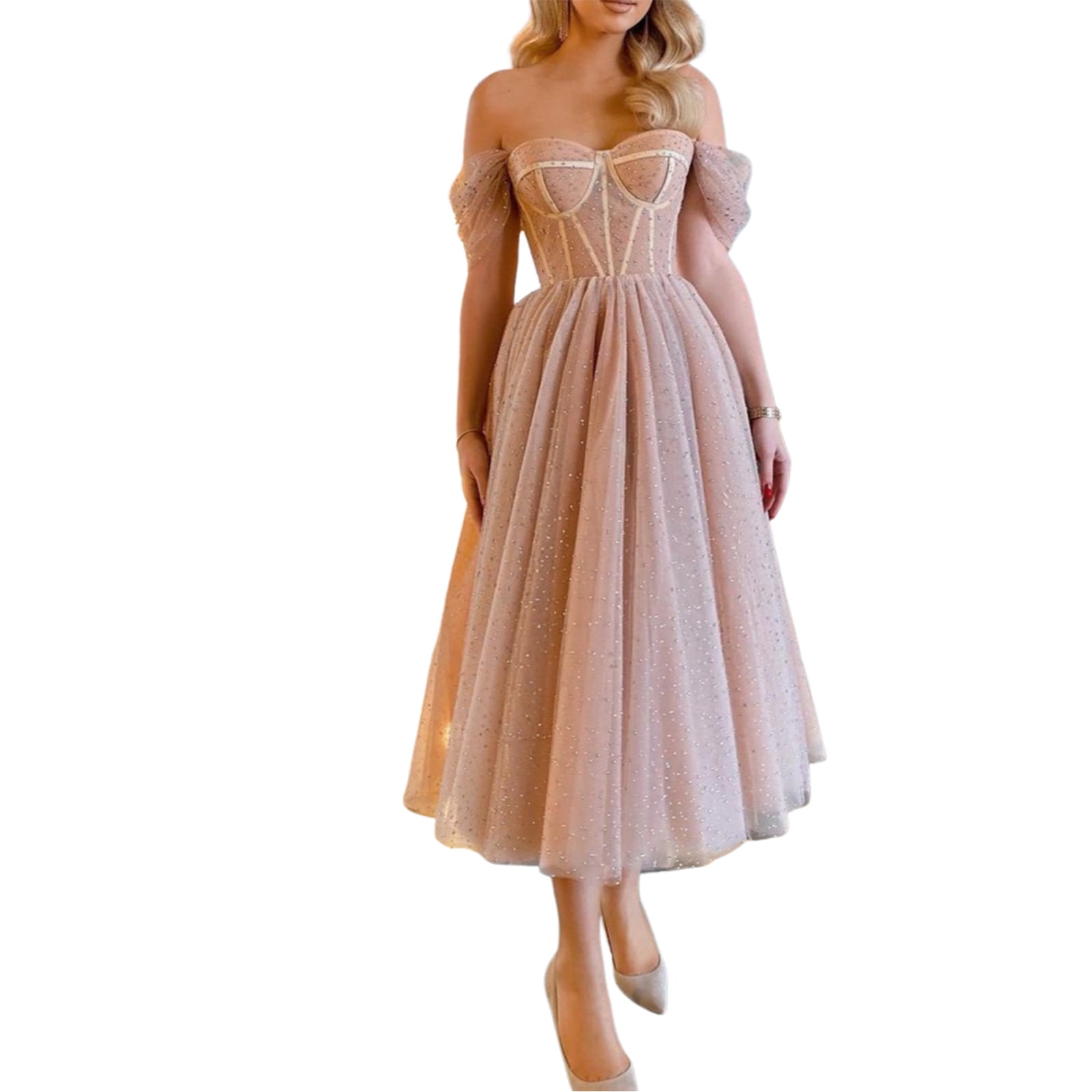 Imcute Women Prom Dress Off Shoulder High Waist Sequin Mesh Ball Gown