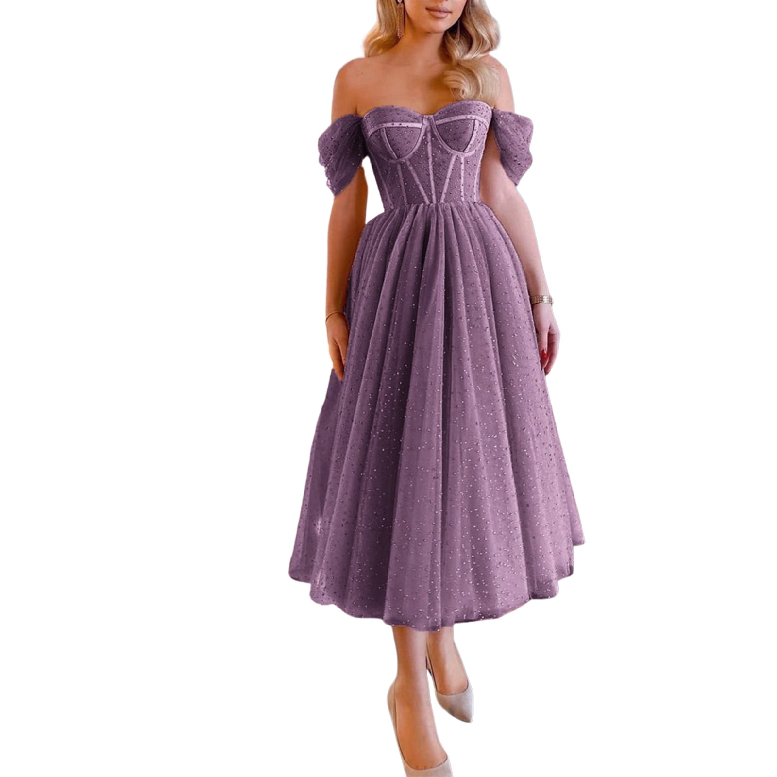 Imcute Women Prom Dress Off Shoulder High Waist Sequin Mesh Ball Gown