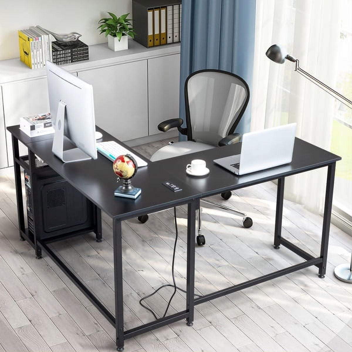 Imerelez L-Shaped Desktop Computer Desk with Power Outlets & Shelf Tiger Black - Walmart.com