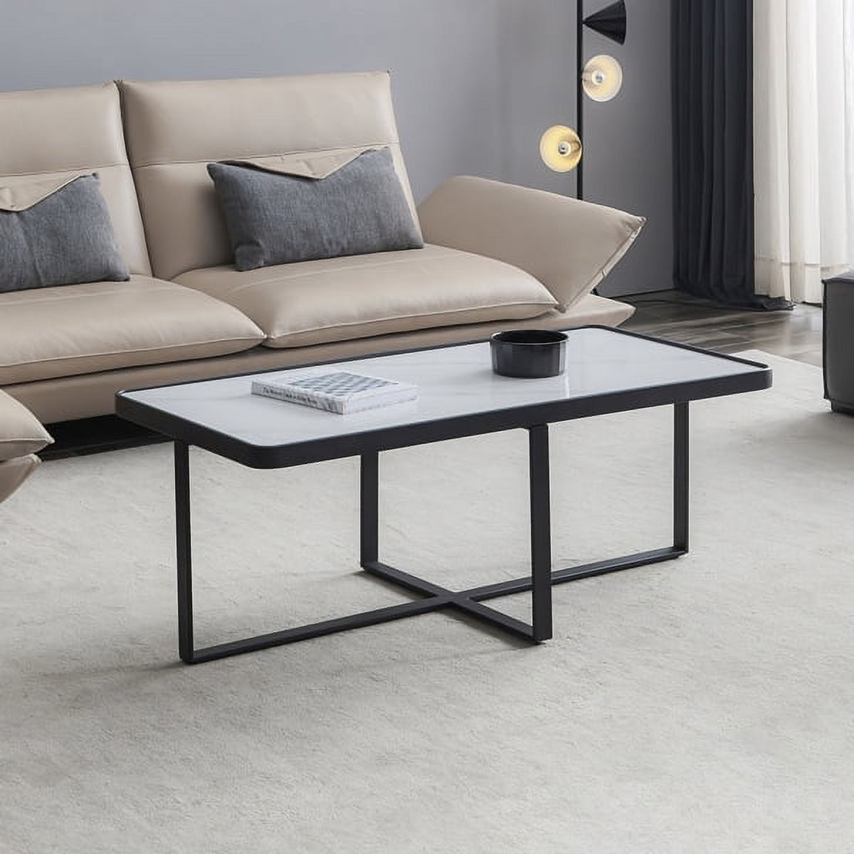 Imerelez Minimalism rectangle coffee table,Black metal frame with sintered stone tabletop ...