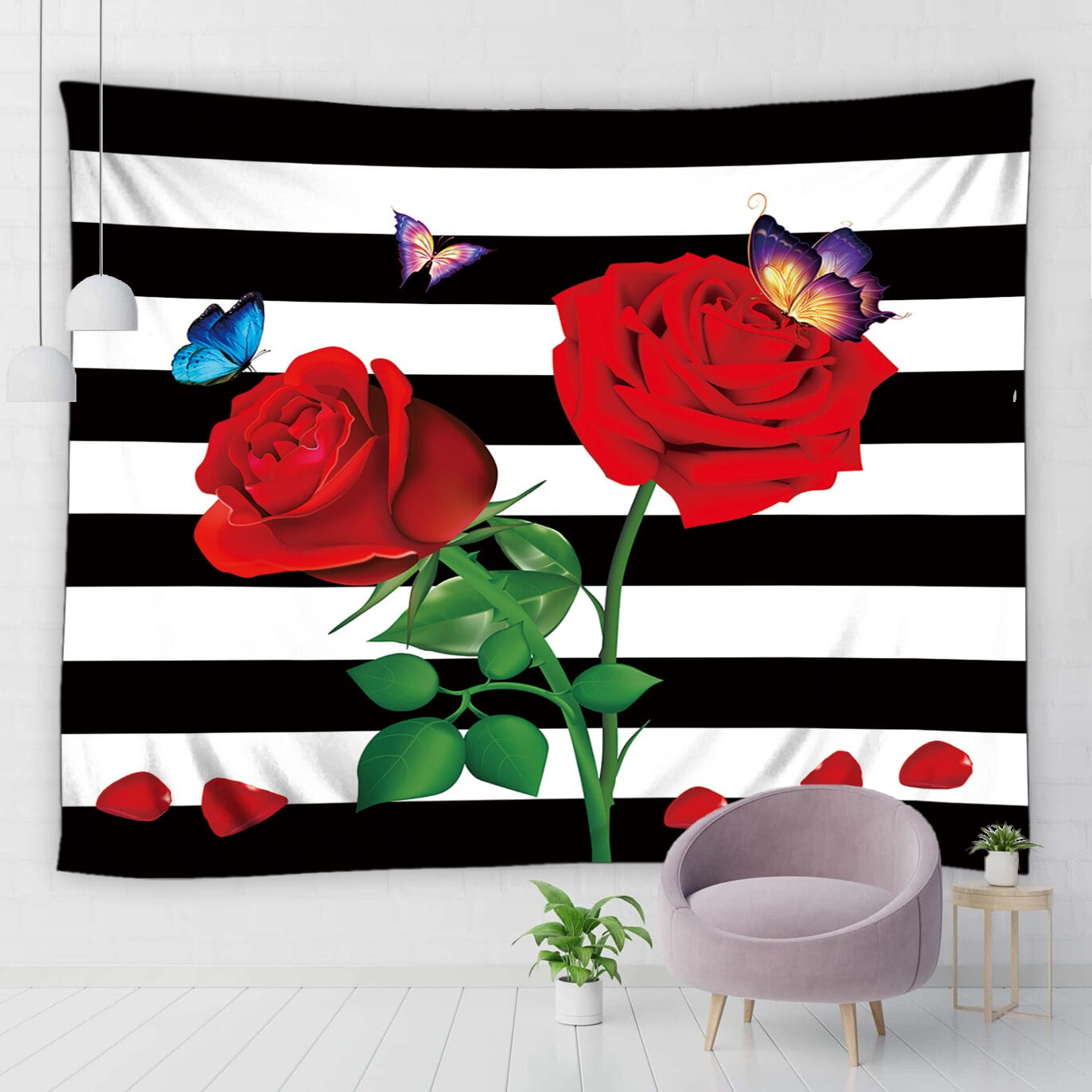 Imitation Rose Floral Stone Wall Tapestry Black and White Stripes Red ...