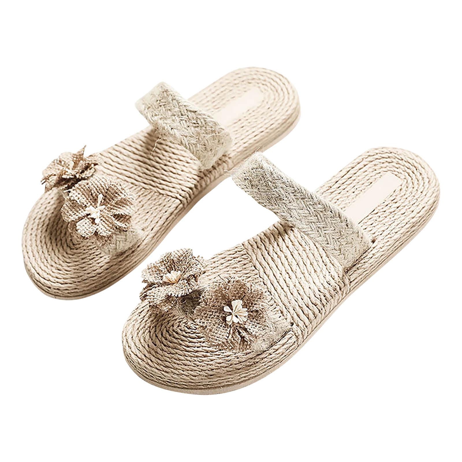 Imitation Straw Espadrille Women's Sandals Floral Flat Beach Flat-heel ...