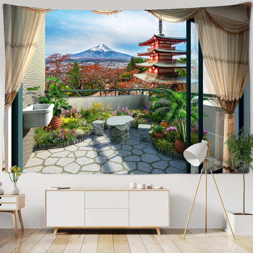 Imitation Window Beach Forest Tapestry Sunrise Over The Sea Wall Hanging Bohemian Landscap ...