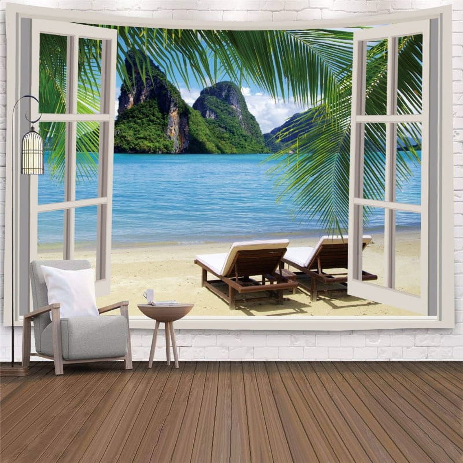 Imitation Window Landscape Tapestry Tropical Palm Trees Ocean Beach ...