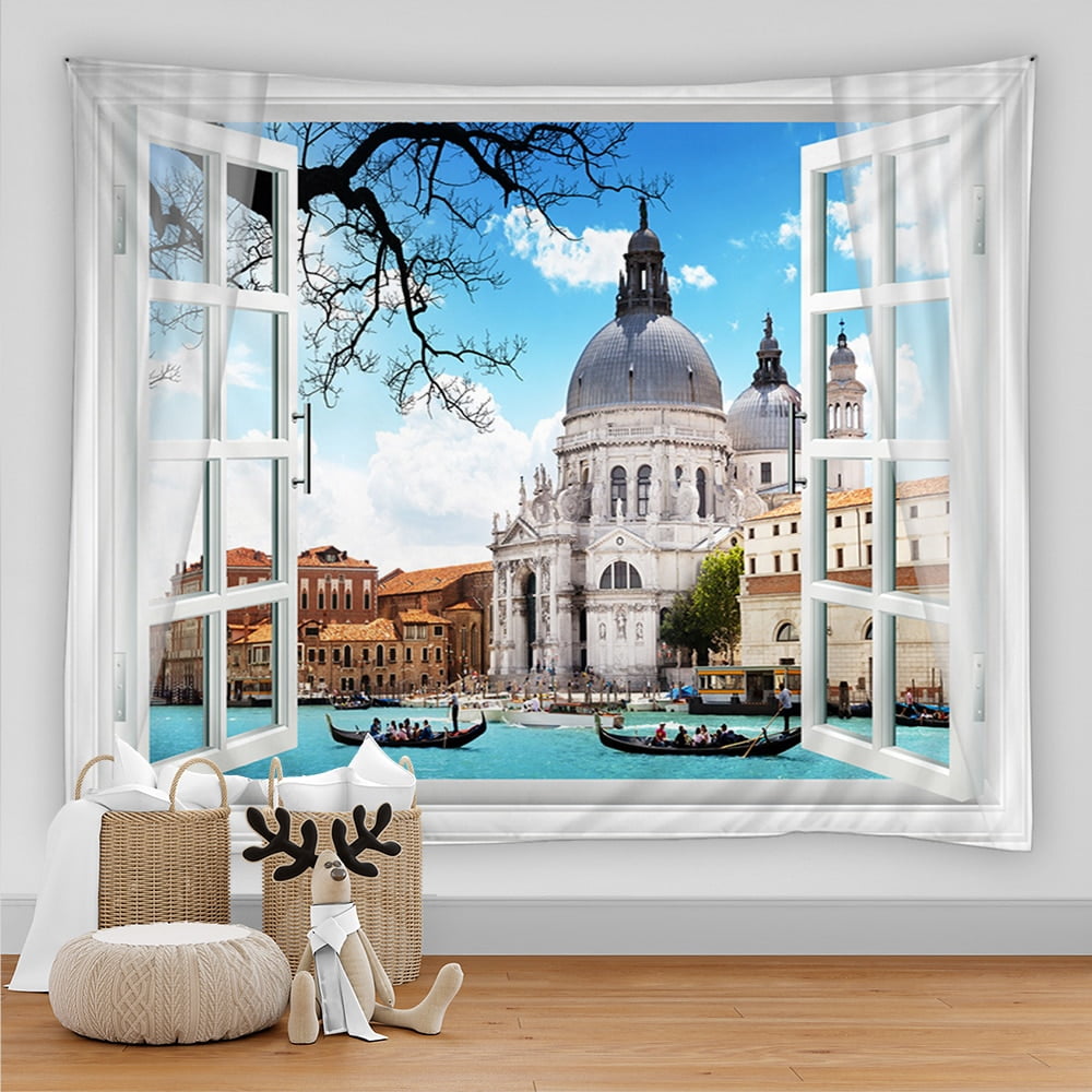 Imitation Window Landscape Tapestry Wall Hanging Palm Tree Sea Beach ...